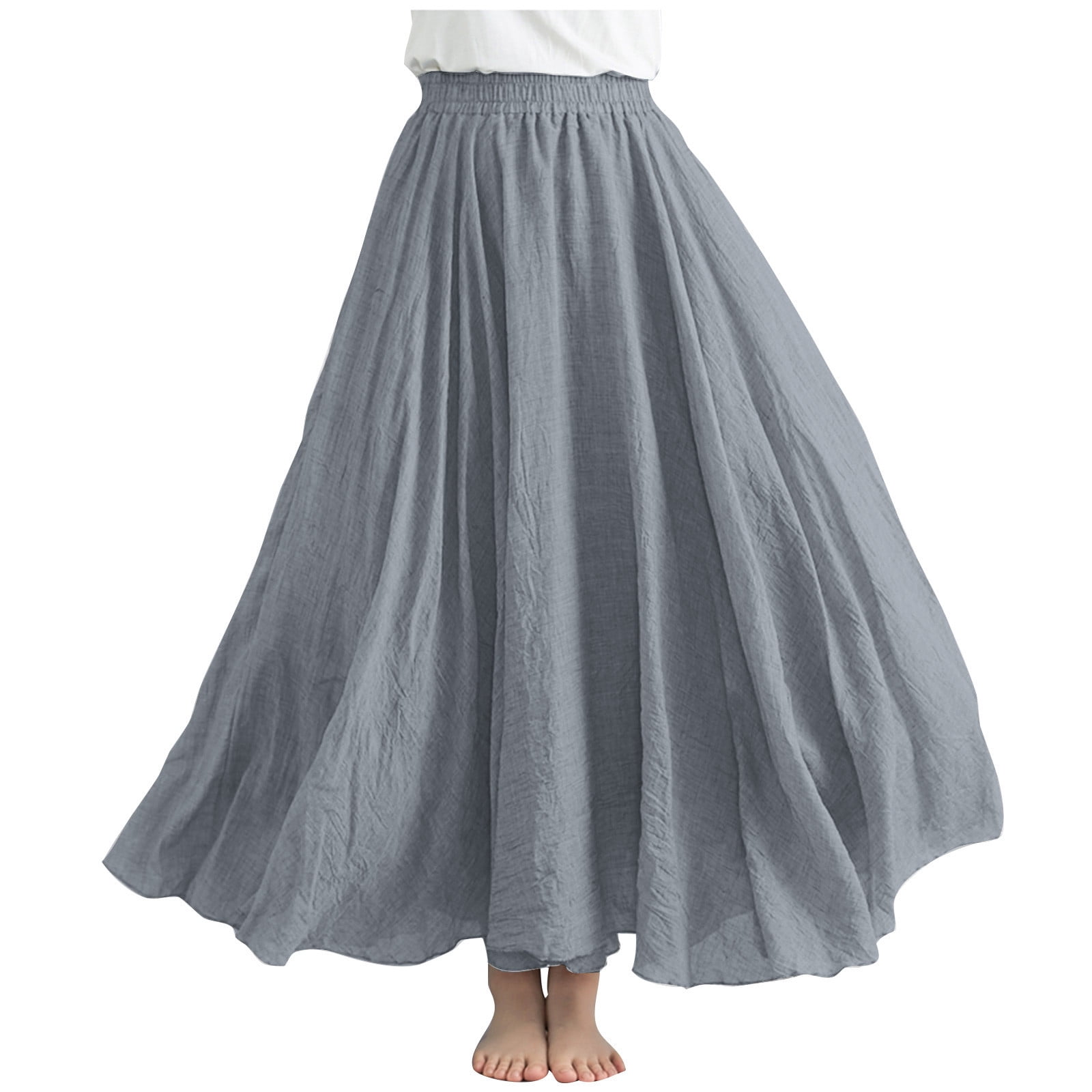 Busydd Women Casual Summer Large Solid Elastic Waist Flax A-line Ankle ...