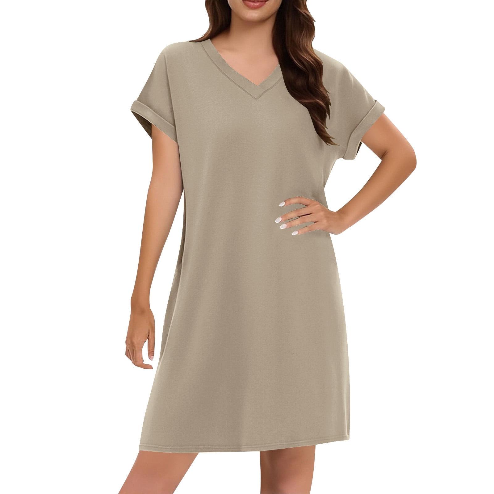Busydd Women Dresses Casual Solid Color V Neck T Shirt Dress ...