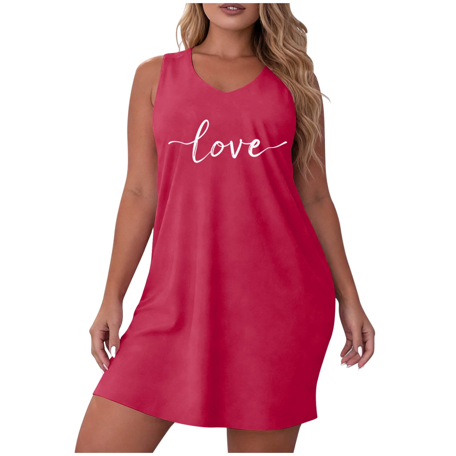 Busydd Women Dresses Casual V Neck Sleeveless Sleep Dress Fashion Love ...
