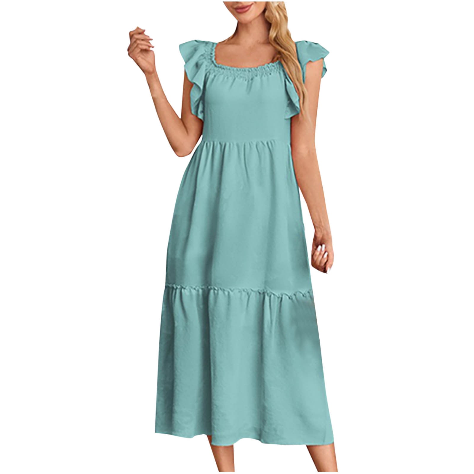 Busydd Women Dresses Solid Color Flowy Spring Dresses Short Sleeve ...
