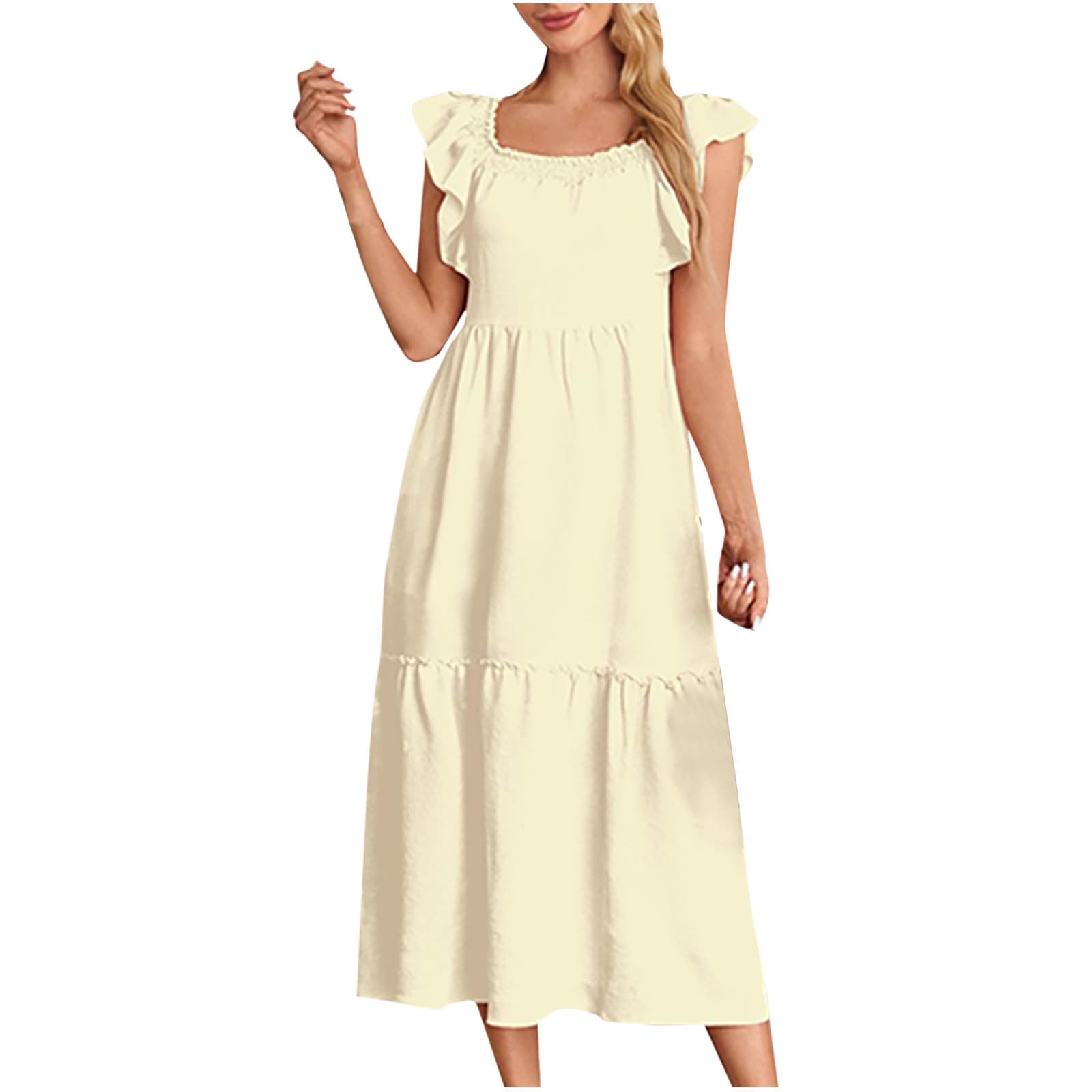 Busydd Women Dresses Solid Color Flowy Spring Dresses Short Sleeve ...
