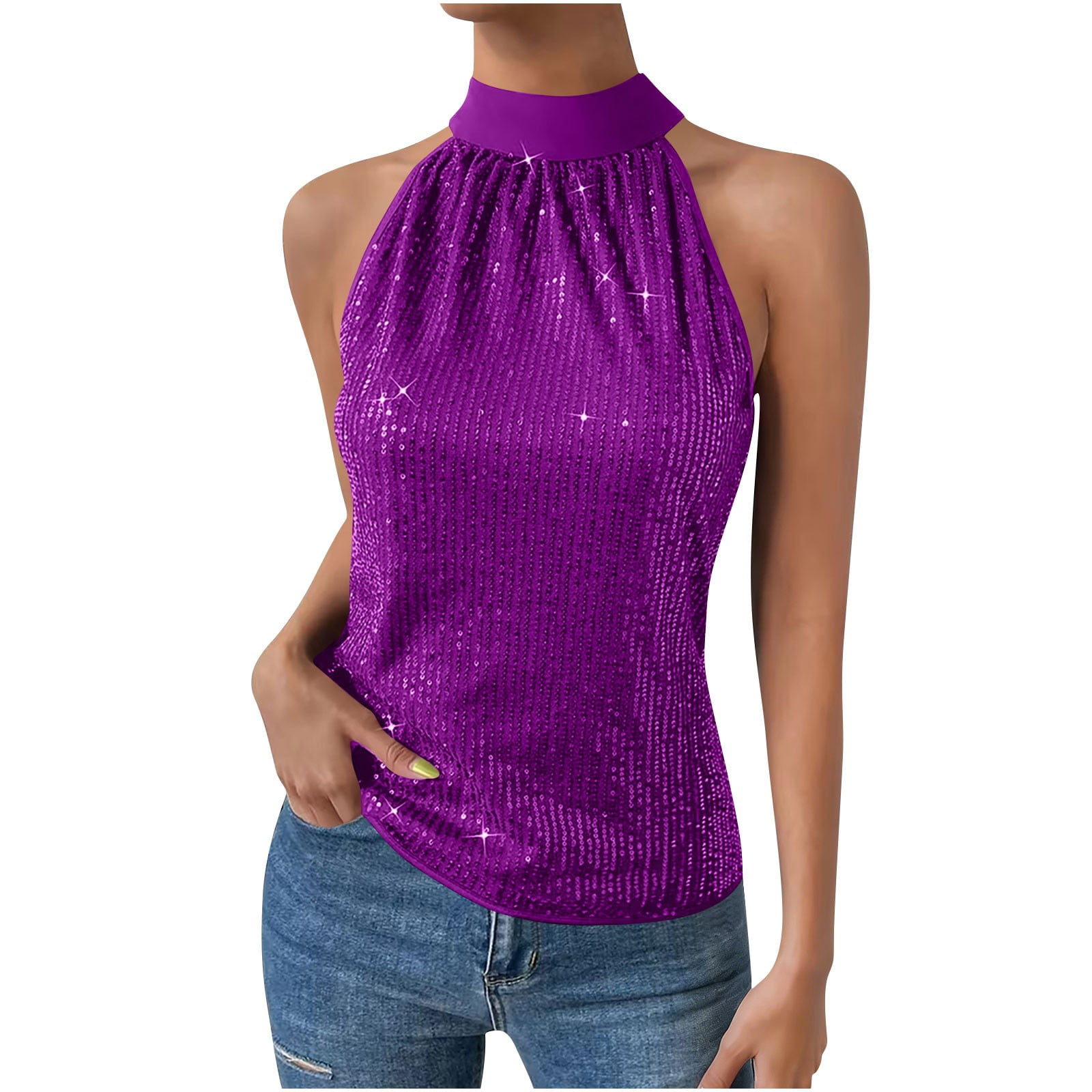 Busydd Women Tank Tops Fashion Sequin Sleeveless Halter Tops for Women ...