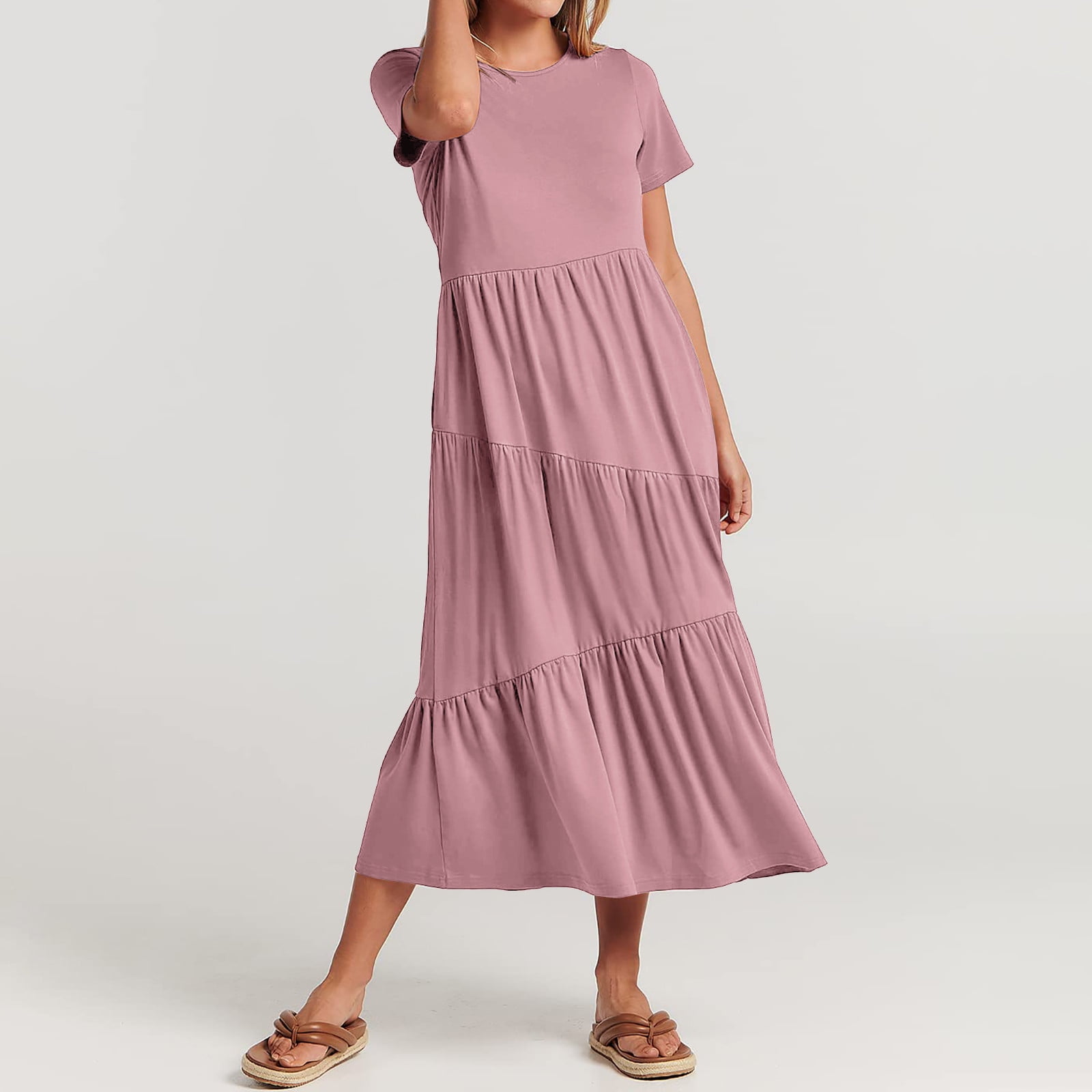 Busydd Women's Maxi Dresses 2024 Short Sleeve Round Neck Summer Dresses ...