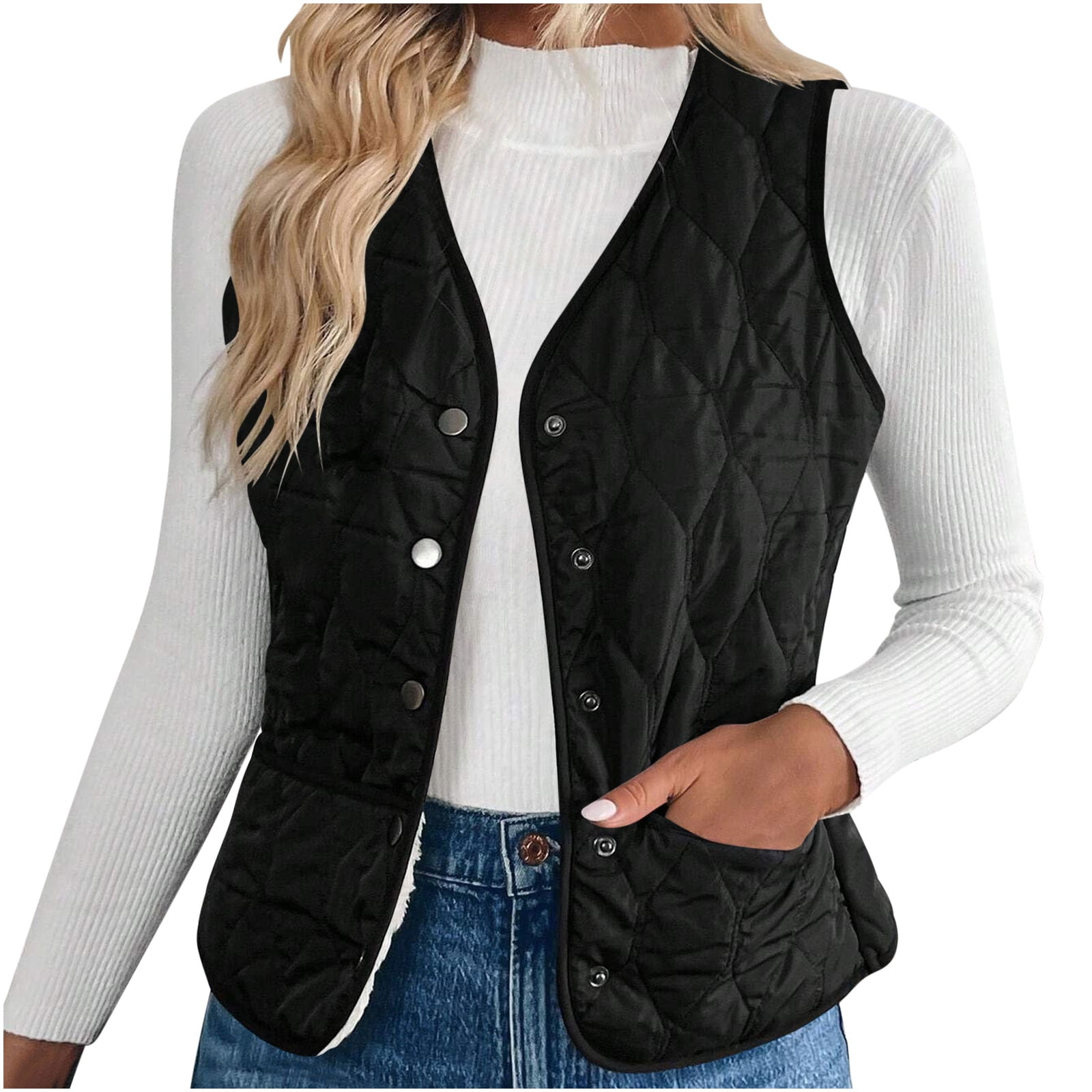 Busydd Women's Outerwear Vests Solid Color Sleeveless V Neck Fleece ...