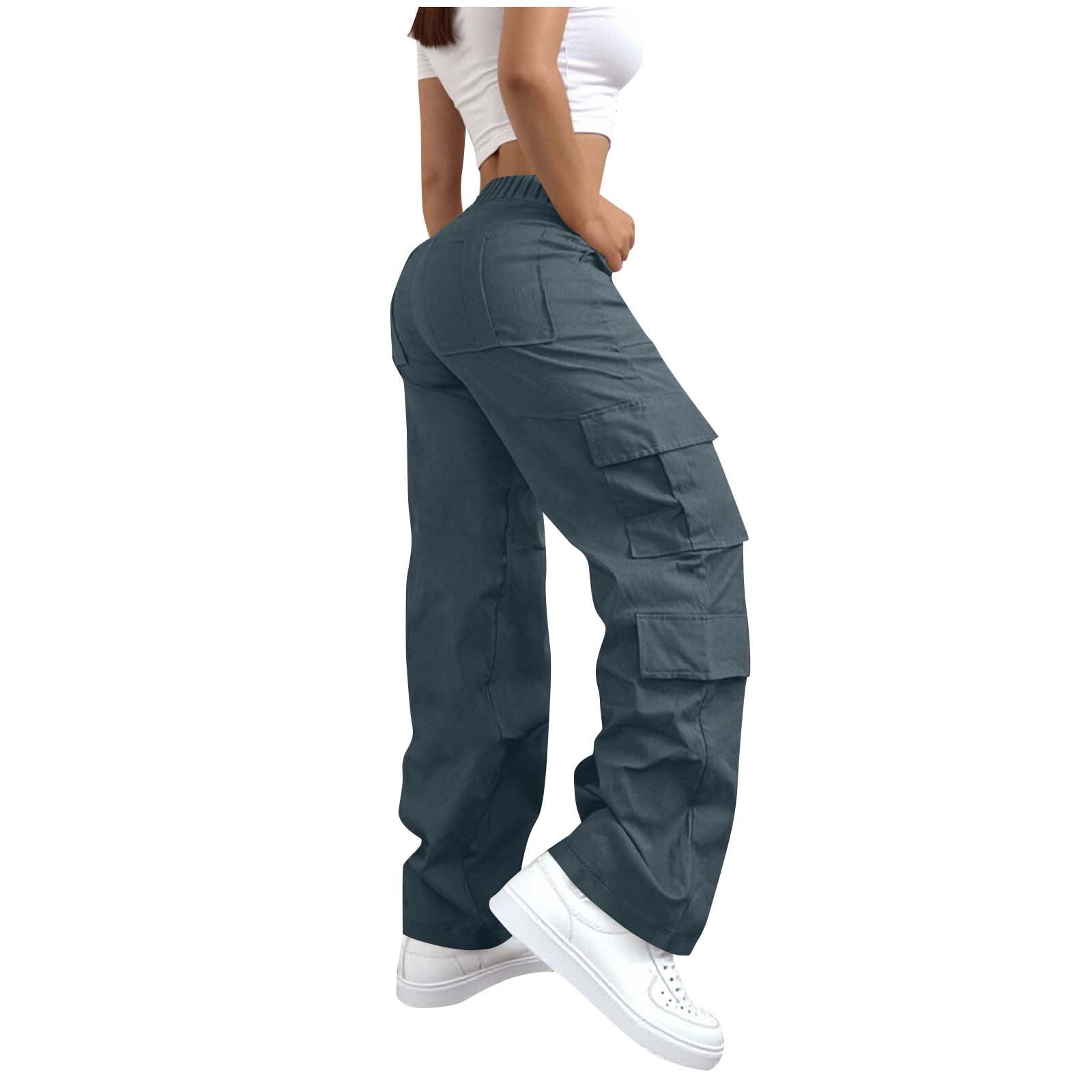 Busydd Women's Pants Solid Color Button Cargo Pants Casual Stretchy ...