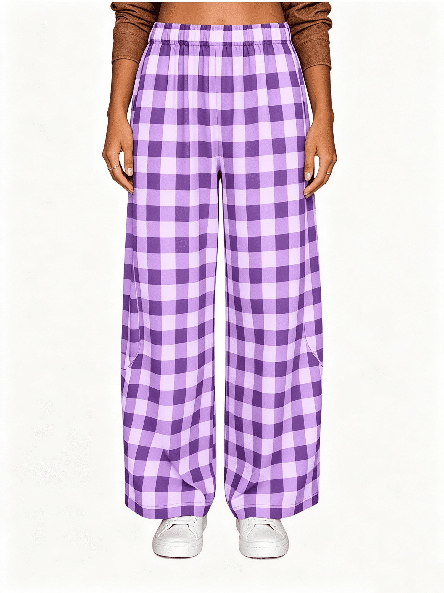 Busydd Women's Pants with Check Design Trendy Comfy Elastic Waist ...