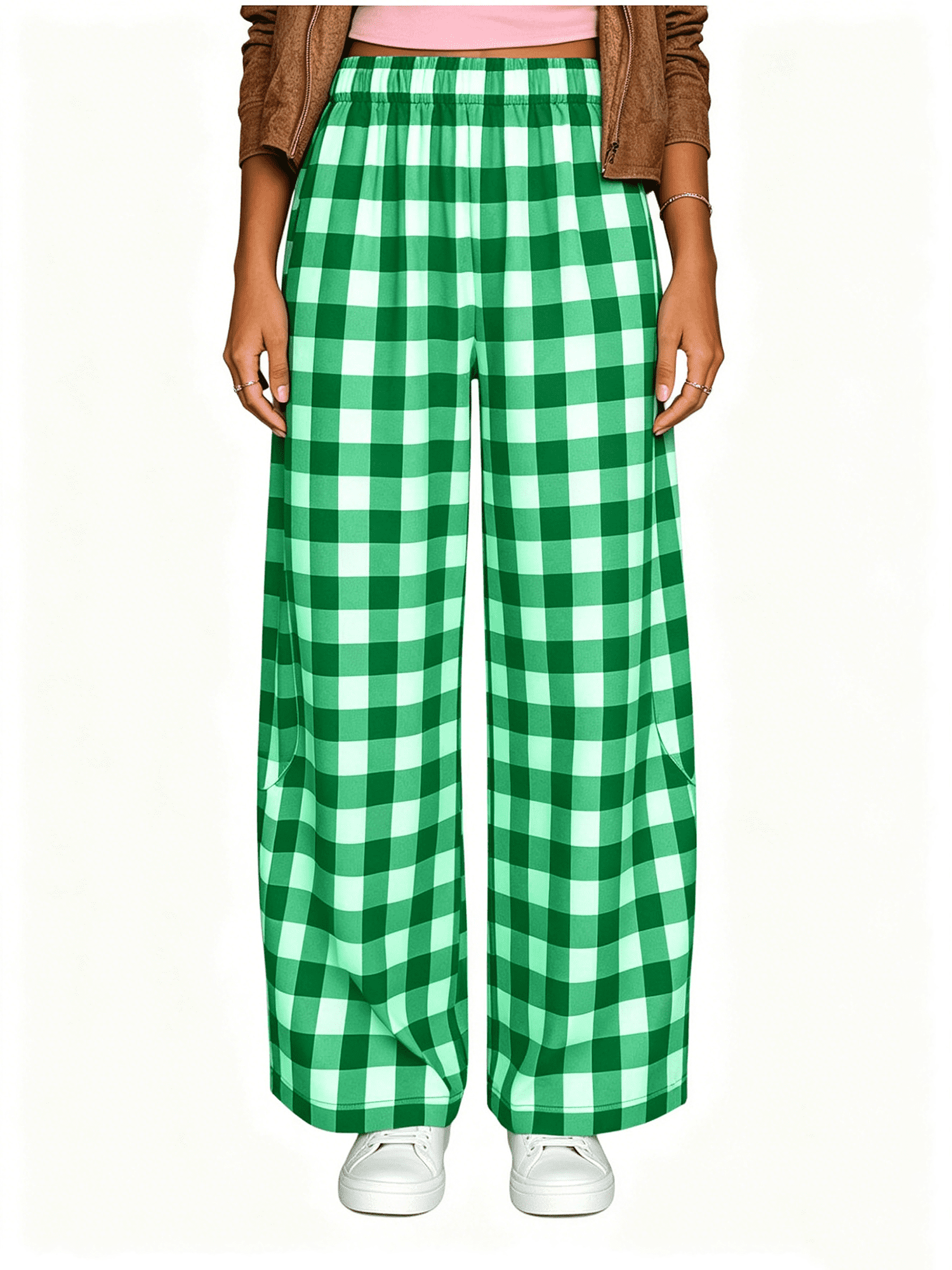 Busydd Women's Pants with Check Design Trendy Comfy Elastic Waist ...