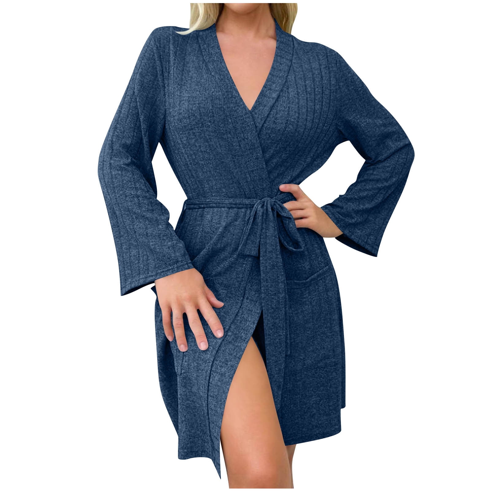 Busydd Women's Robes Trendy Solid Color Ribbed Bathrobe for Women Comfy ...