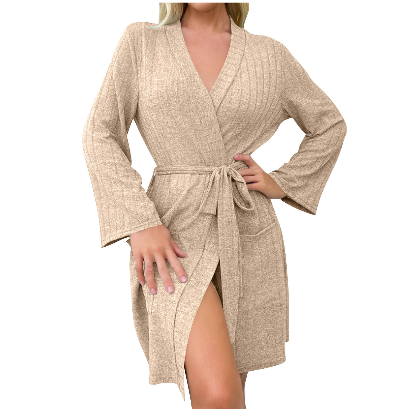 Busydd Women's Robes Trendy Solid Color Ribbed Bathrobe for Women Comfy ...