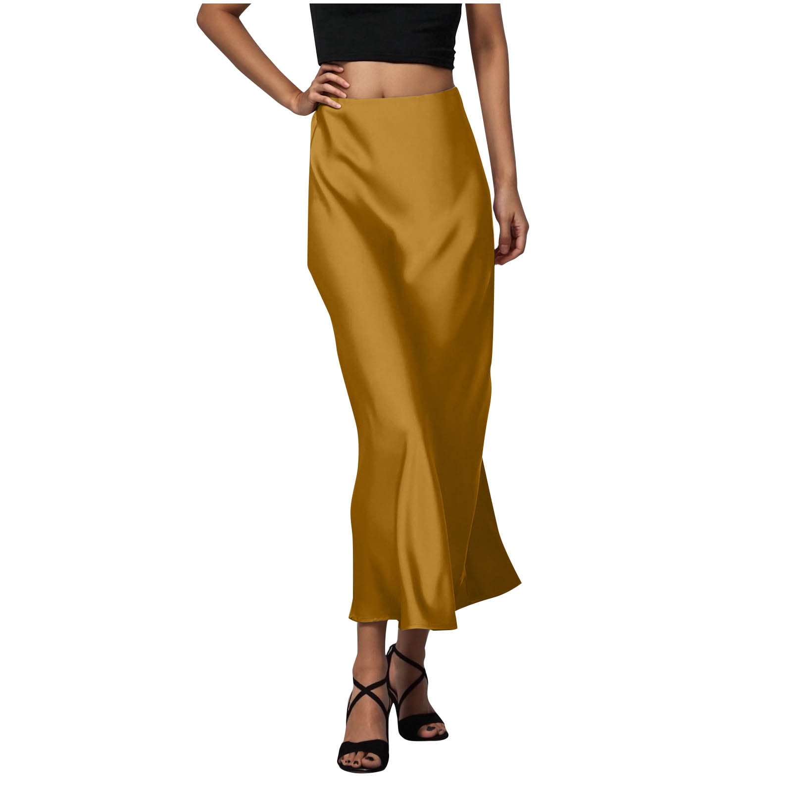 Busydd Women's Skirts Solid Color Midi Skirts for Women Trendy Satin ...