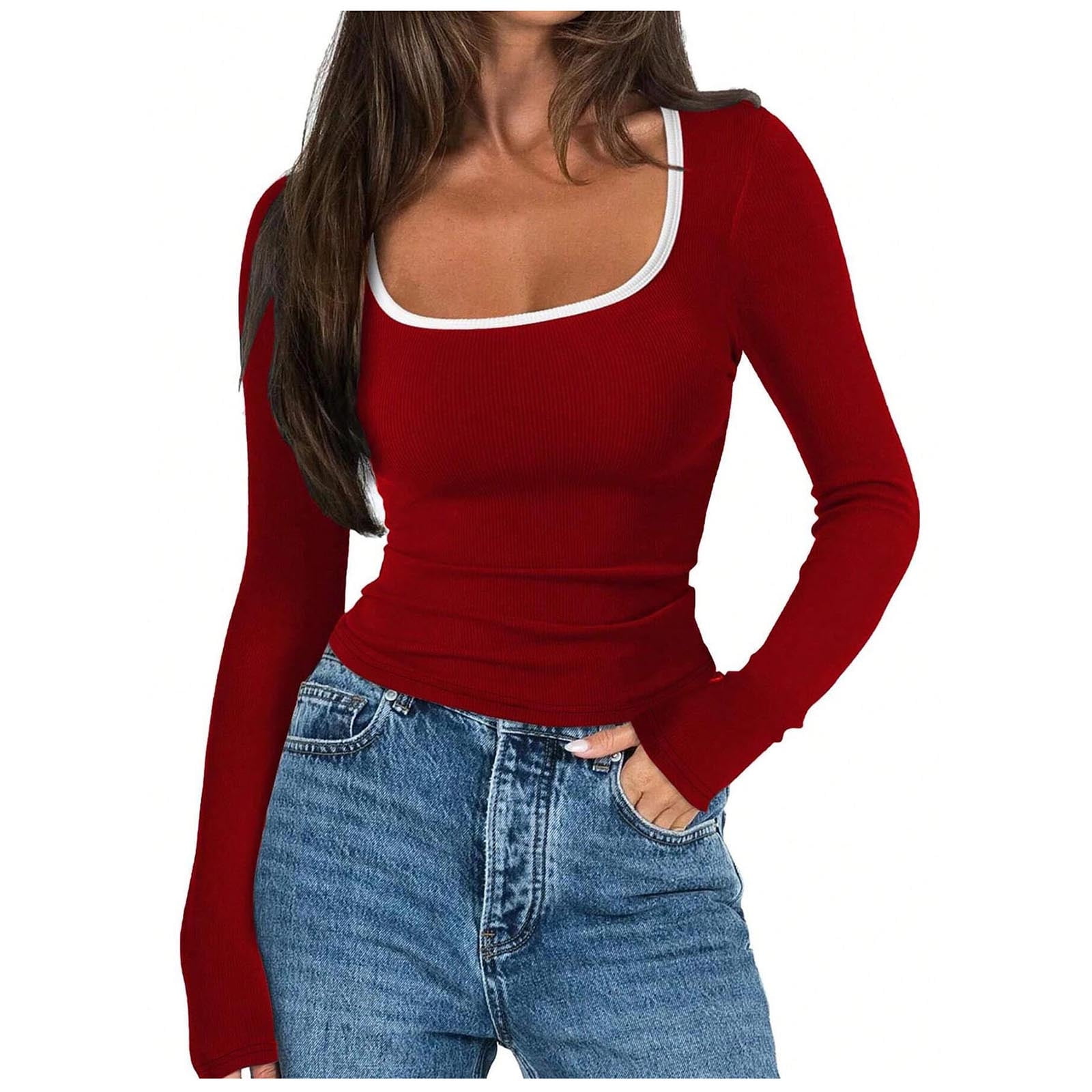 Busydd Women's Tops Trendy Solid Color Square Neck T Shirts for Women ...