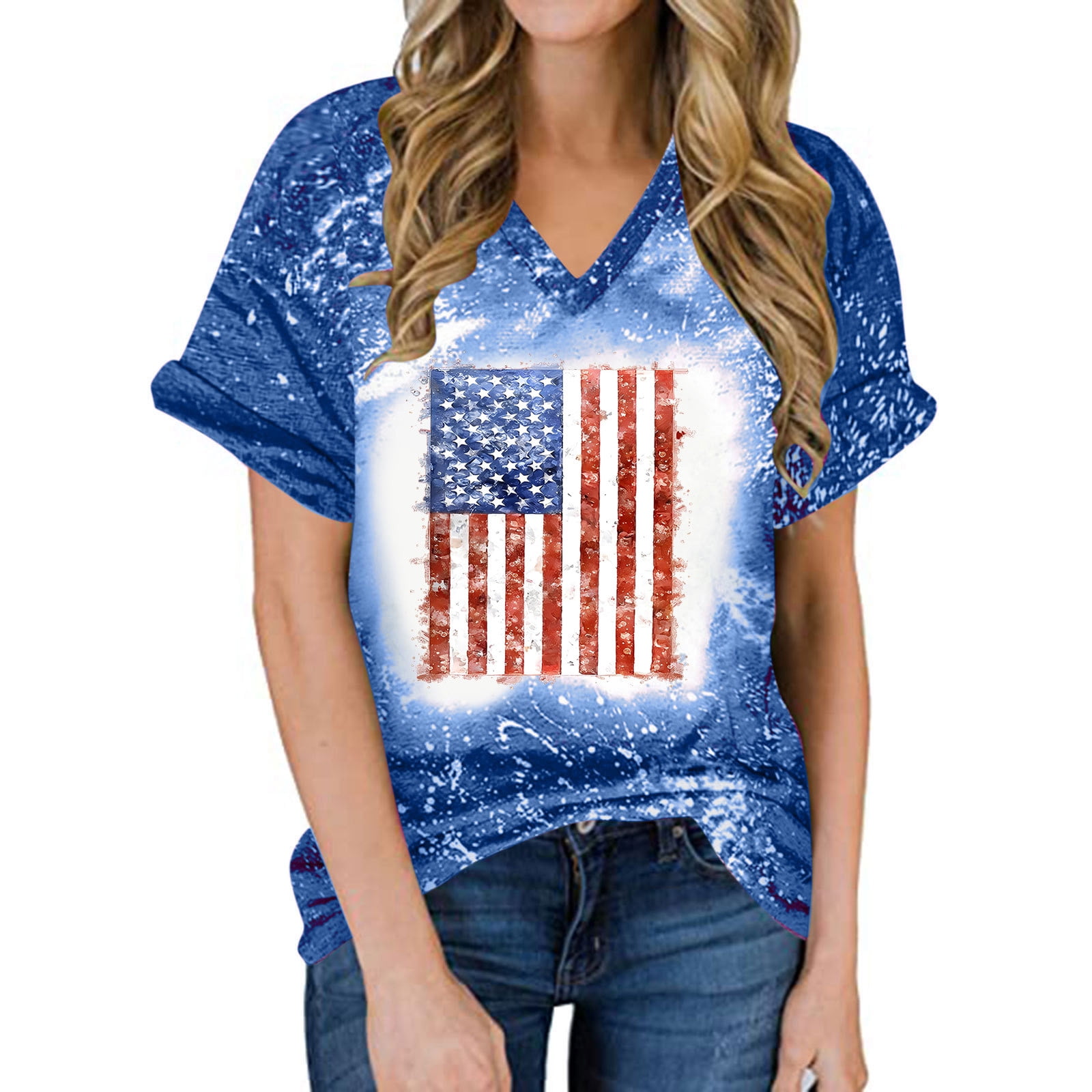 Busydd Womens 4th of July Tops 2024 American Flag T Shirt Tie Dye Gradient Short Sleeve V Neck ...