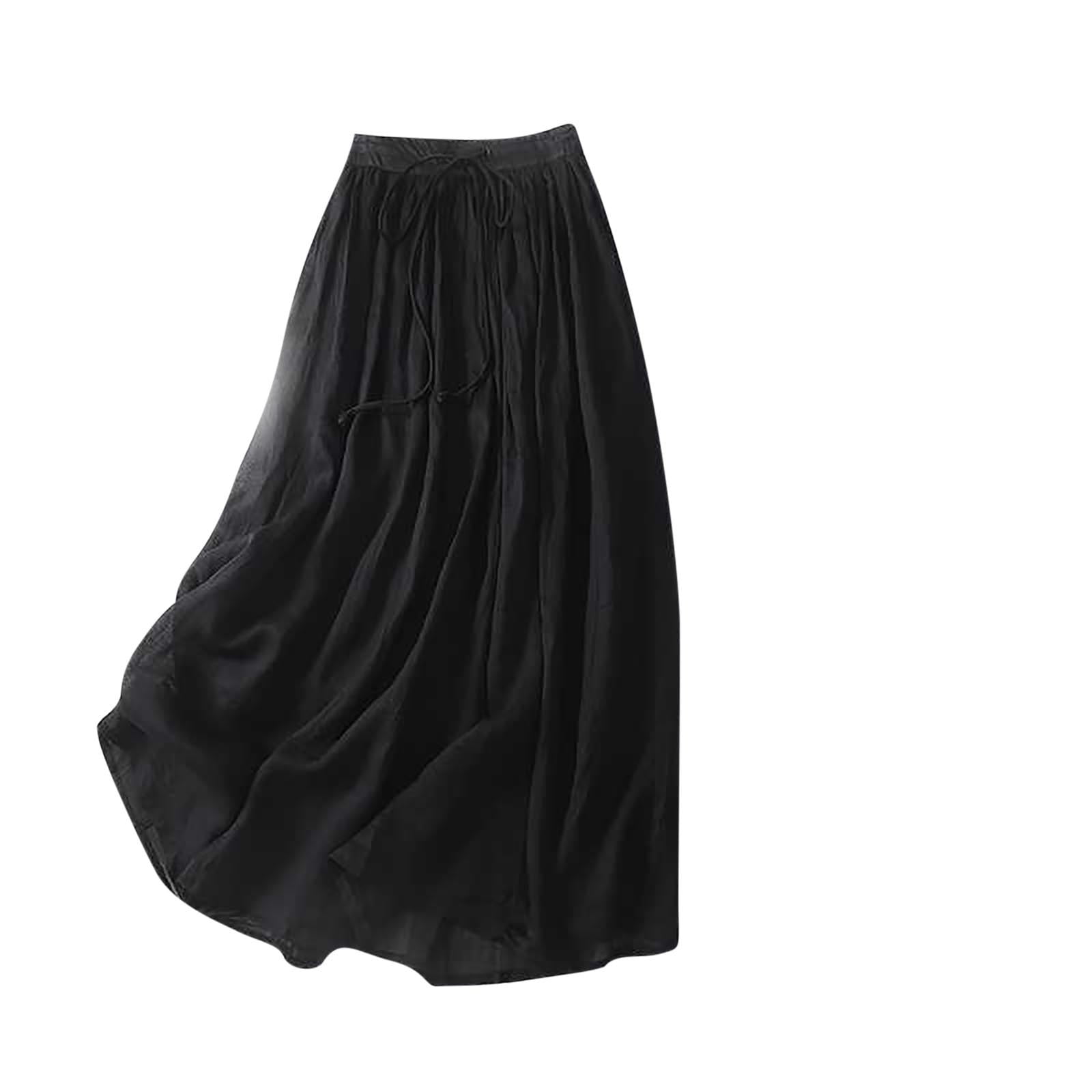 Busydd Womens Cotton Linen Skirts Elastic Waist Drawstring Flowy Swing ...