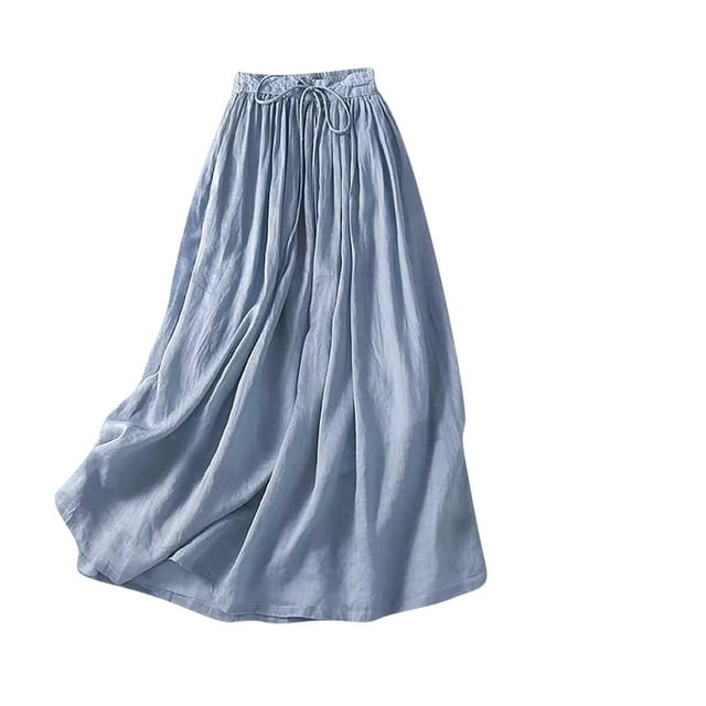 Busydd Womens Cotton Linen Skirts Elastic Waist Drawstring Flowy Swing ...