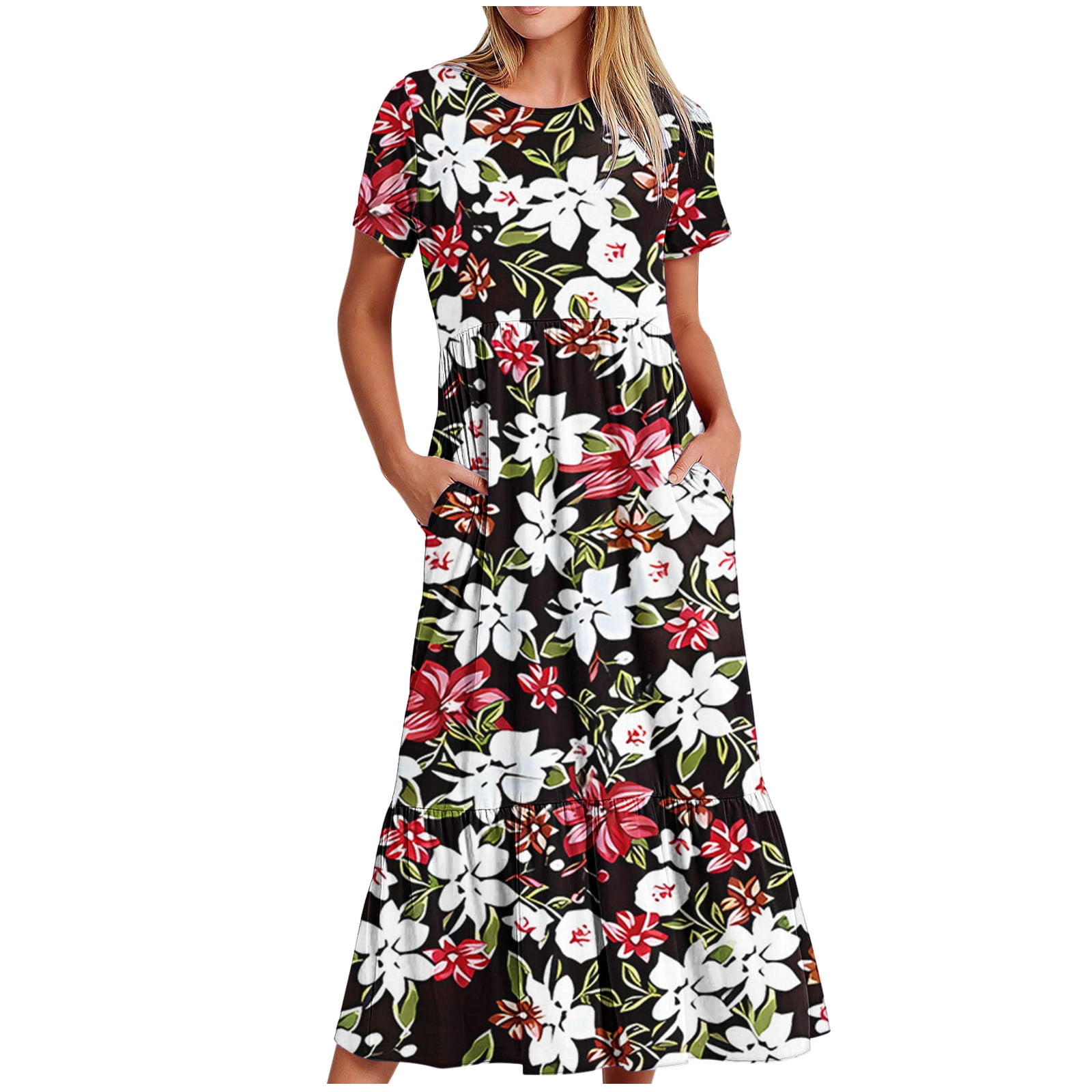Busydd Womens Dresses Fashion Floral Print Summer Dress Round Neck ...