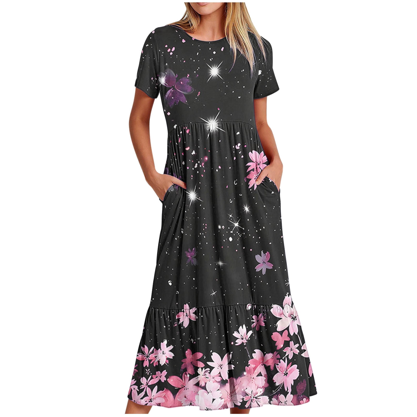Busydd Womens Dresses Fashion Floral Print Summer Dress Round Neck ...