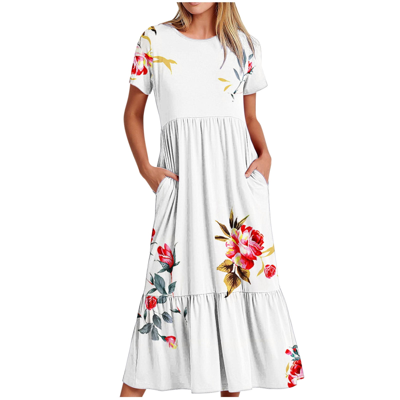 Busydd Womens Dresses Fashion Floral Print Summer Dress Round Neck ...