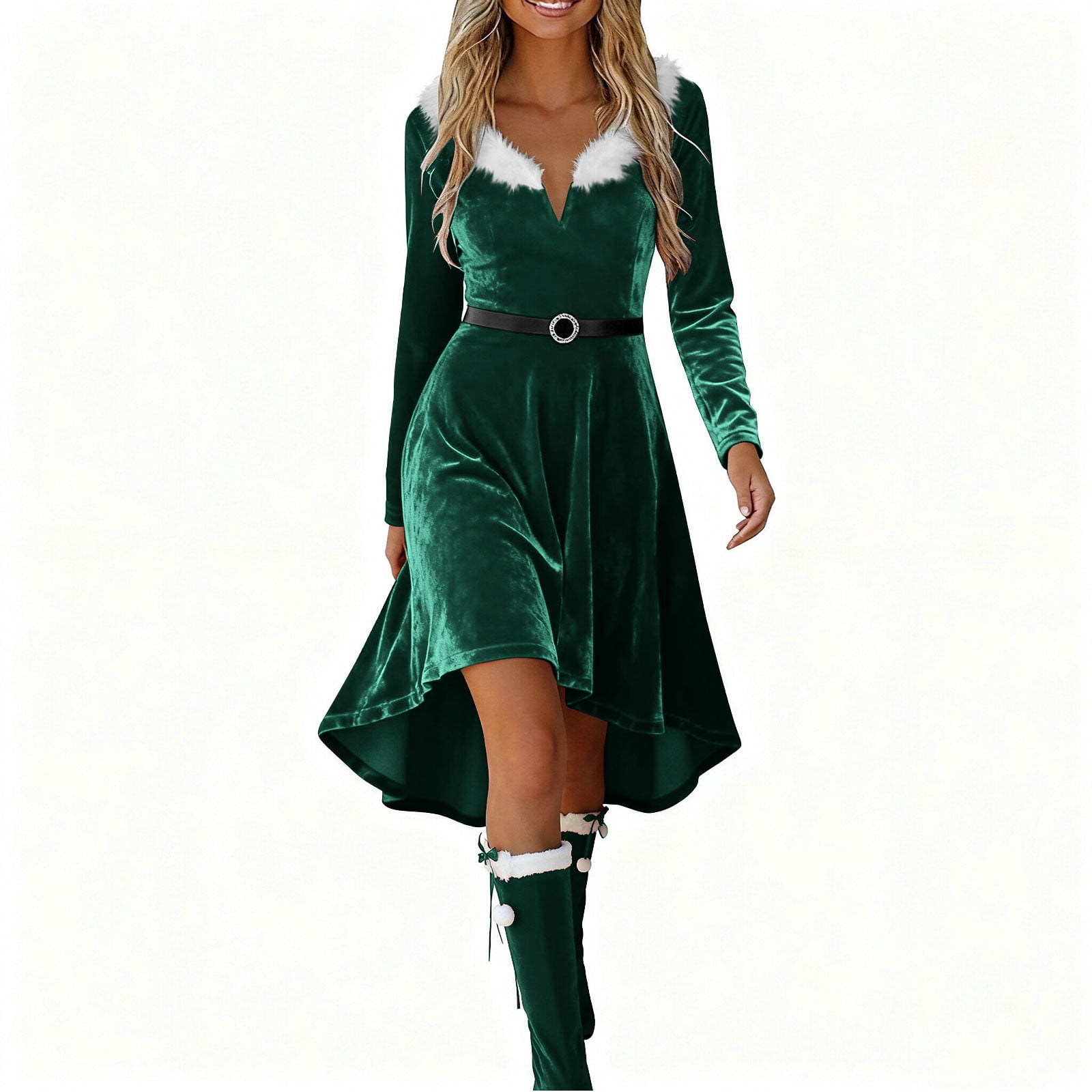 Busydd Womens Dresses Fashion Fuzzy Collar Long Sleeve Christmas Dress ...