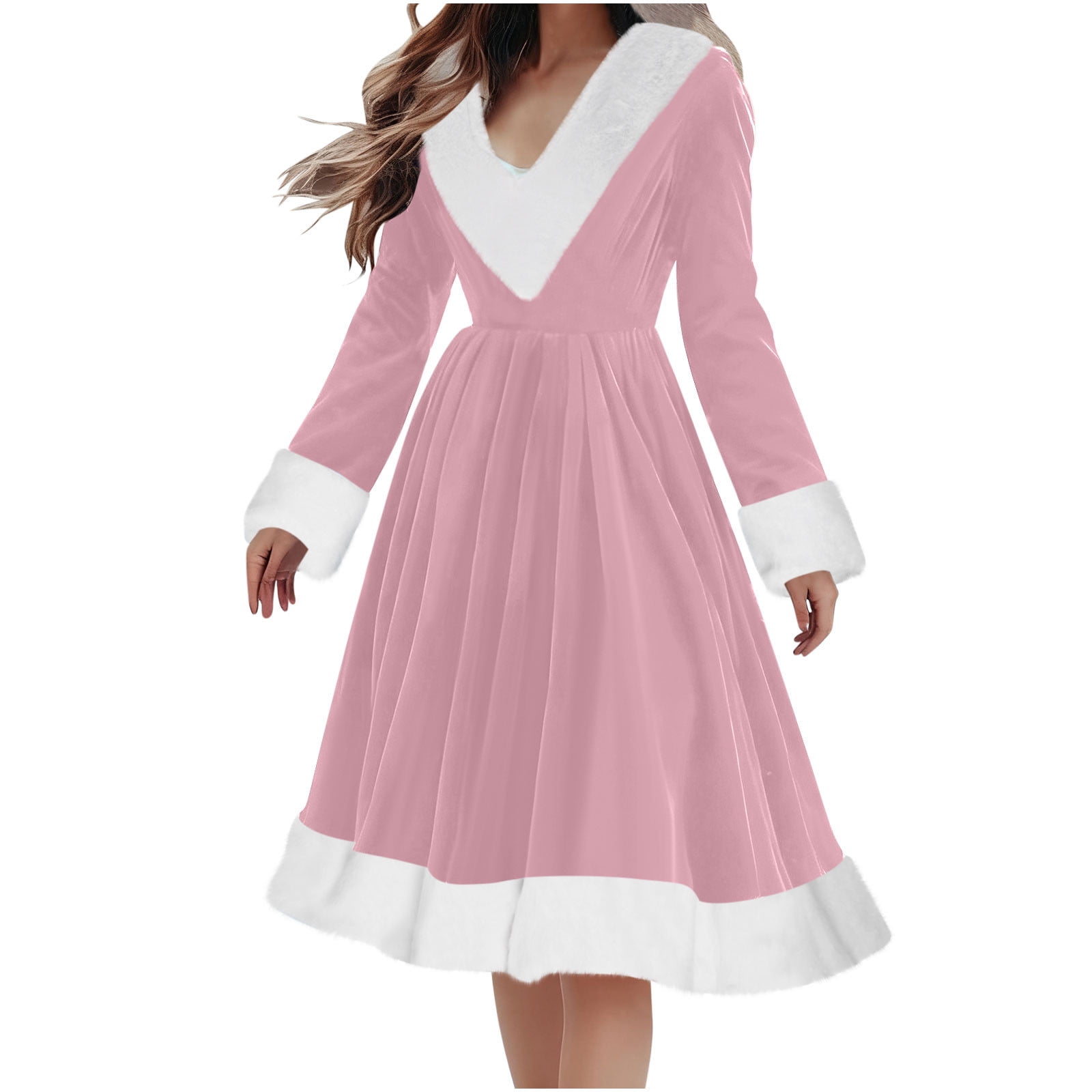 Busydd Womens Dresses Fashion Solid Color Fuzzy Collar Christmas Dress ...