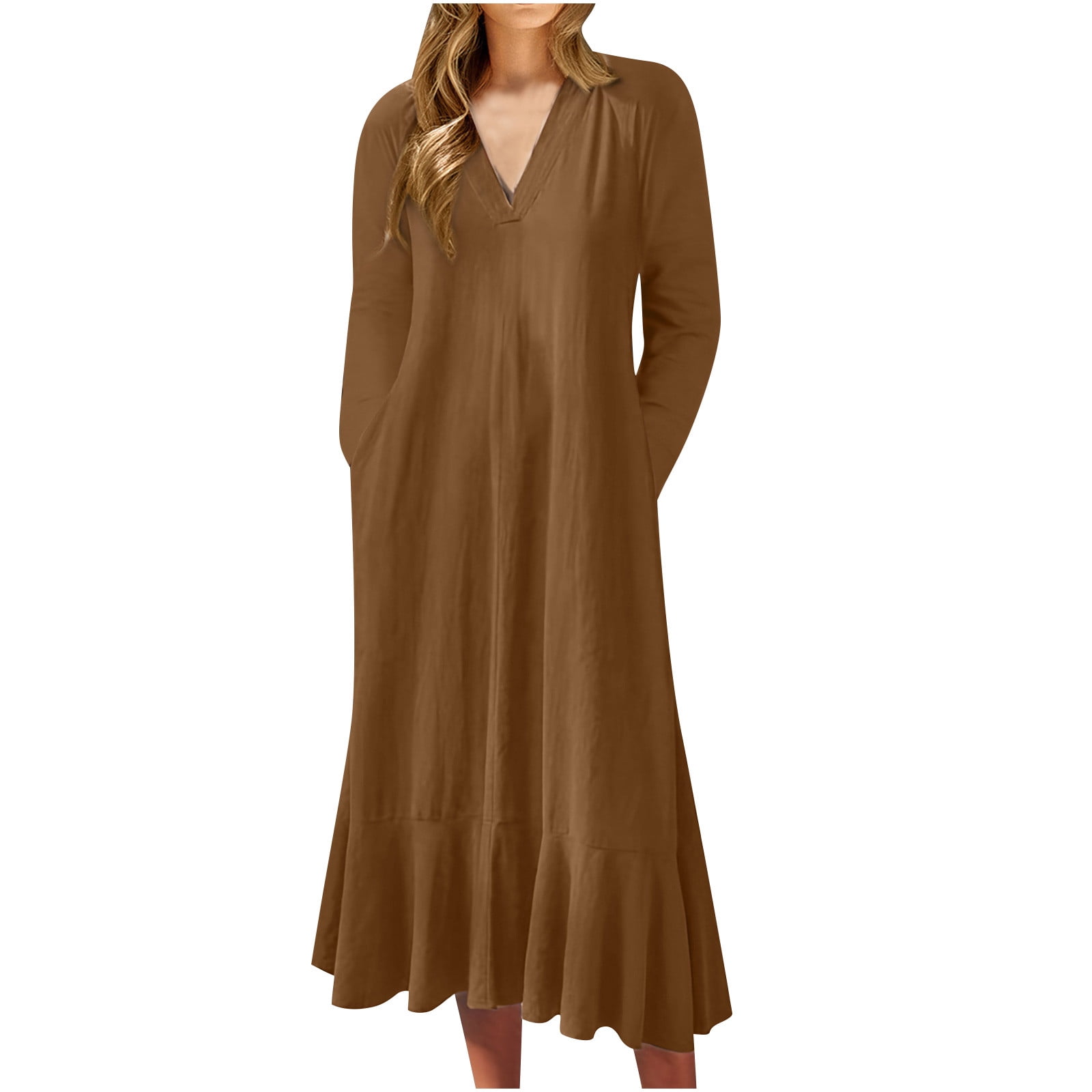 Busydd Womens Fall Dresses Solid Color Long Sleeve Homecoming Dresses V ...