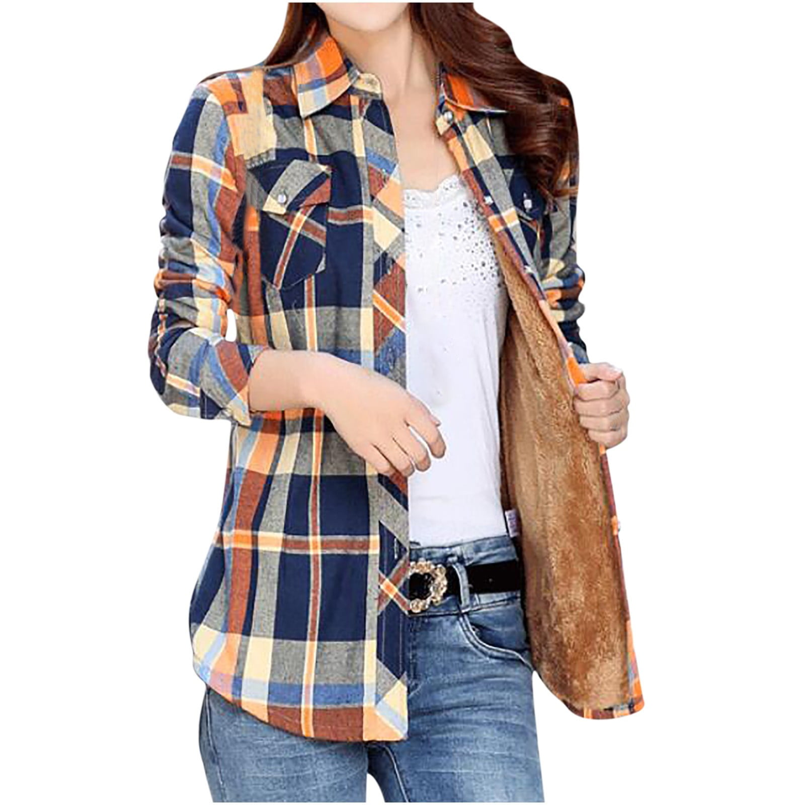 Busydd Womens Flannel Plaid Shacket Jacket Fashion Long Sleeve Turndown ...