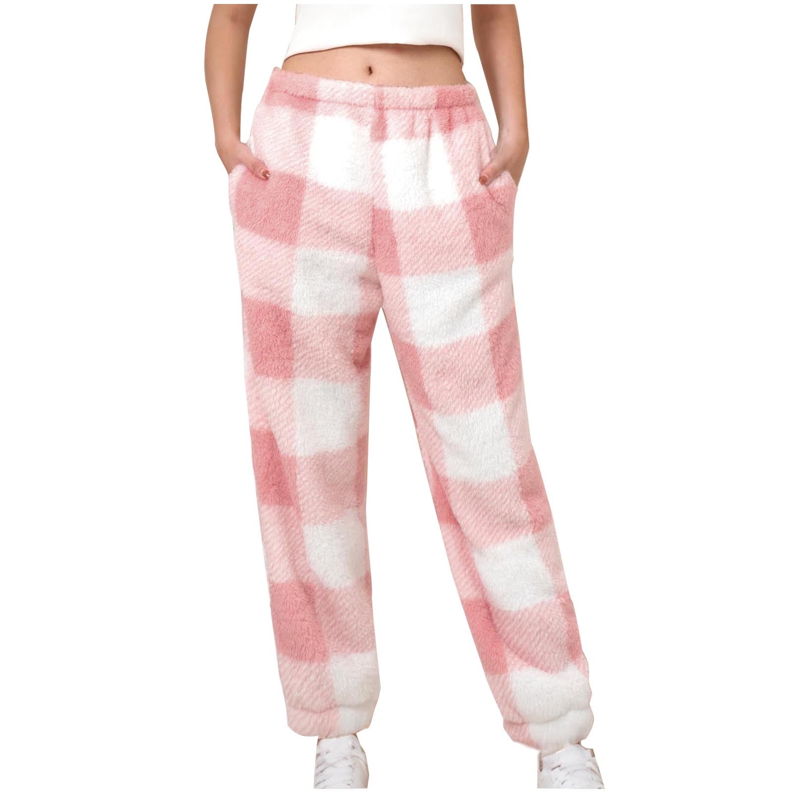 Busydd Womens Pants Winter Cozy Plaid Fuzzy Pants Casual Loose Elastic ...