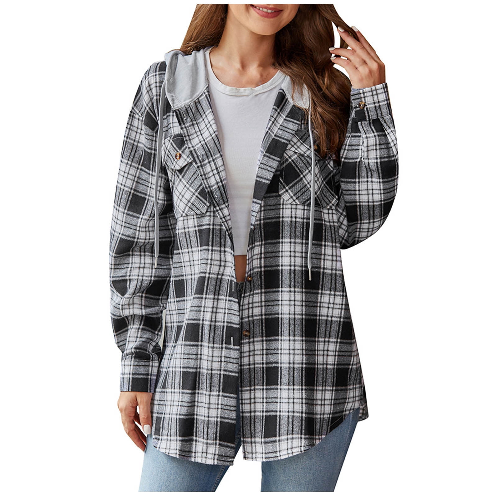 Busydd Womens Plaid Shacket Jacket Button Down Drawstring Hooded ...