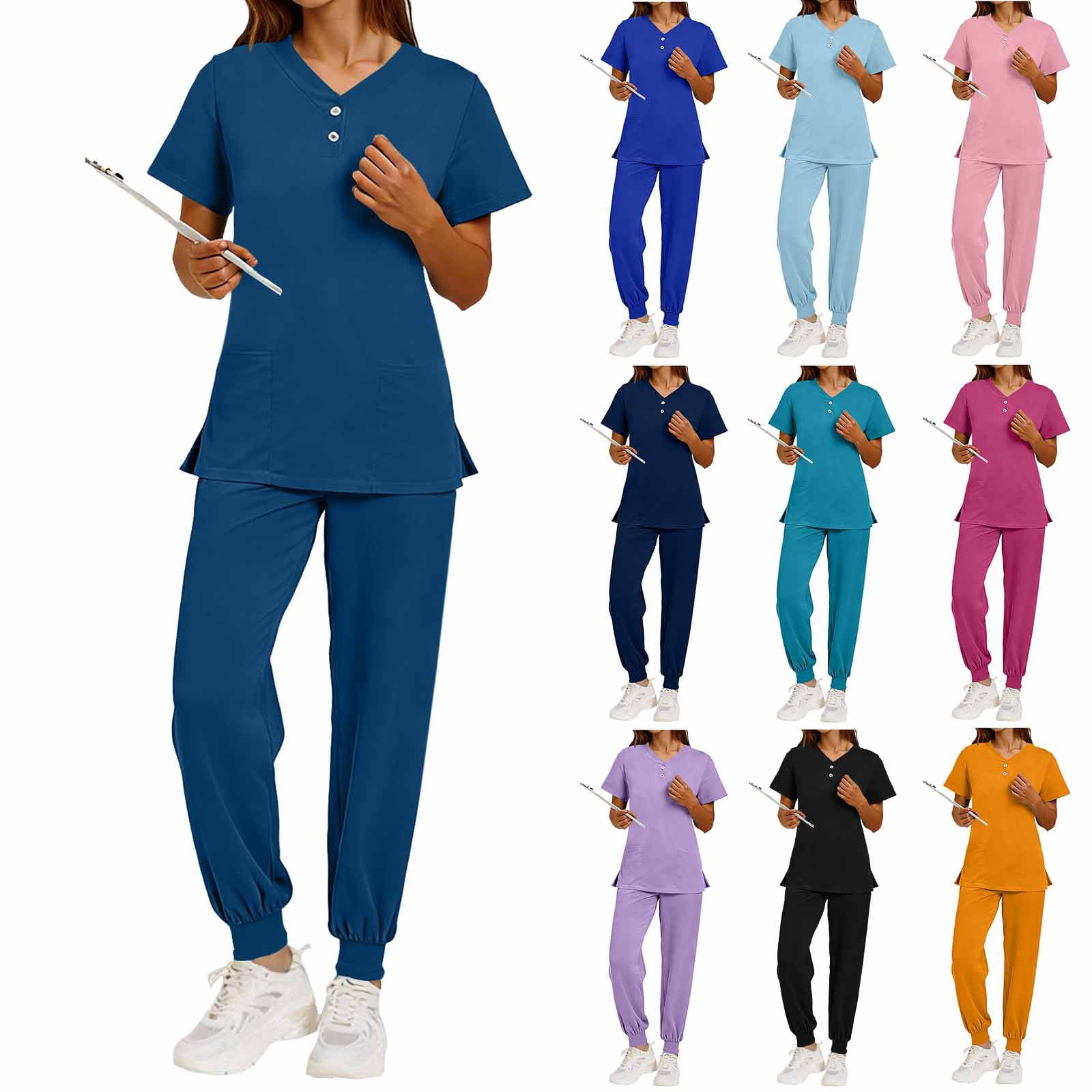 Busydd Womens Scrub Sets 2 Piece Solid Color Nursing Scrubs V Neck ...