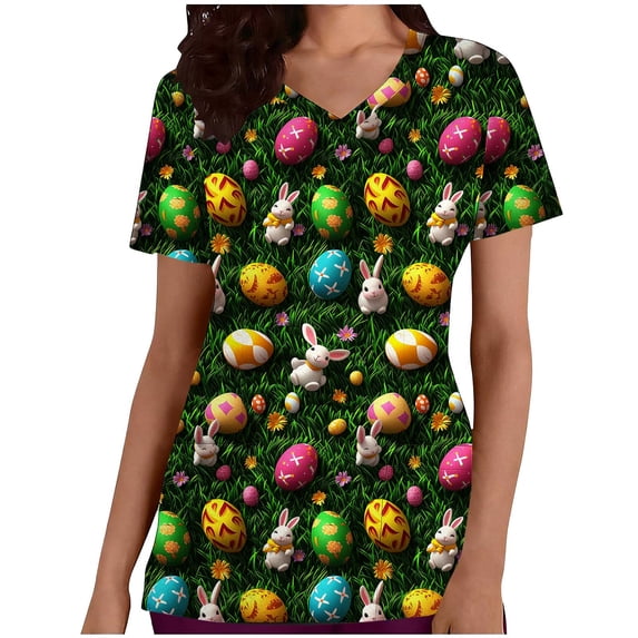 Busydd Womens Scrub Top Holiday Fashion Graphic Easter Scrub Tops V ...