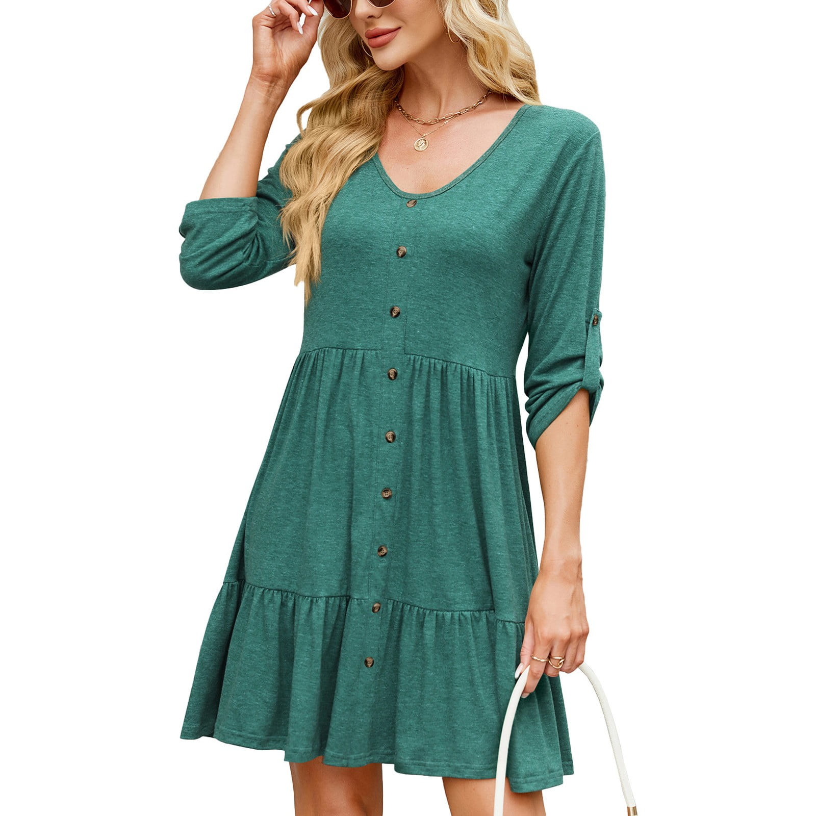 Busydd Womens Spring Dresses V Neck Button Summer Dress 1/2 Sleeve ...