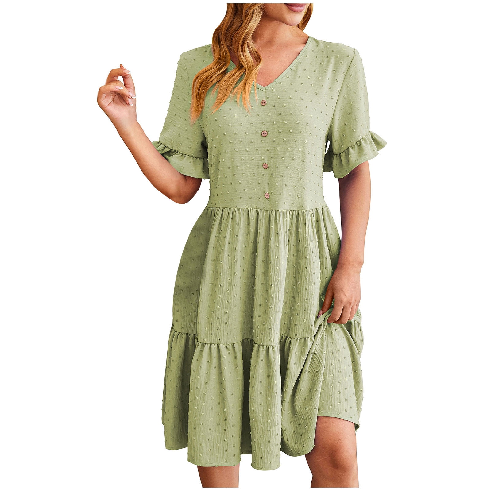 Busydd Womens Summer Swiss Dot Dresses V Neck Solid Color Sundress ...