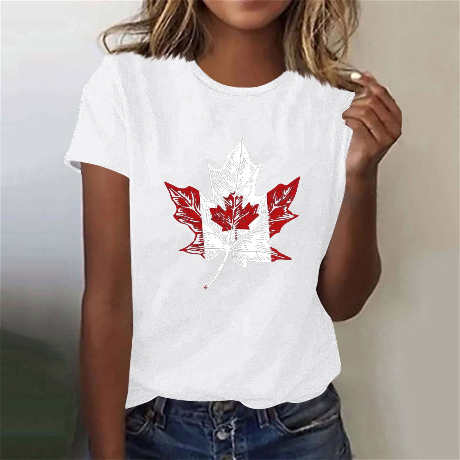 Busydd Womens Summer Tops Trendy Maple Leaf Round Neck Cotton Tshirts ...