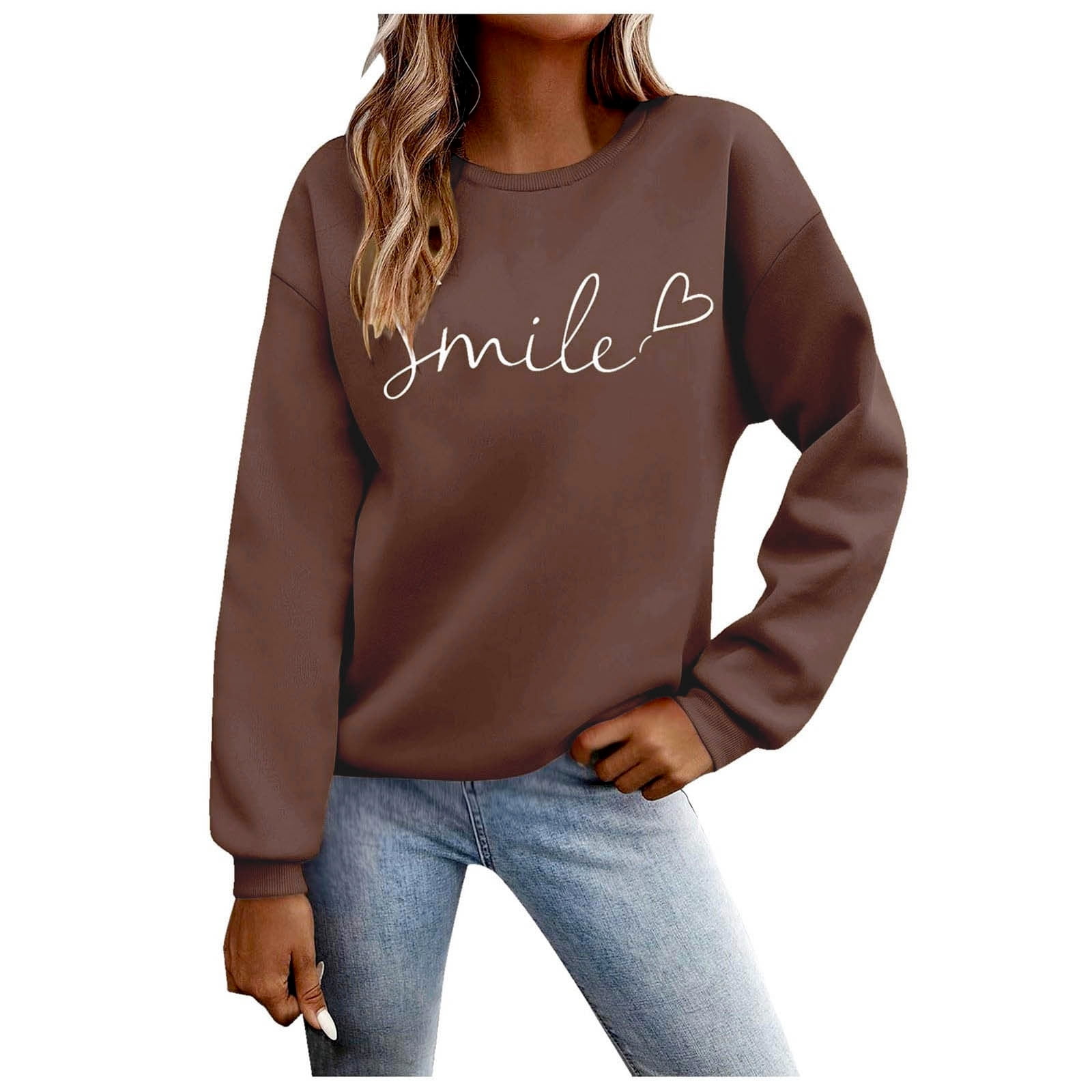 Busydd Womens Sweatshirts Fashion Smile Print Crewneck Sweatshirt ...