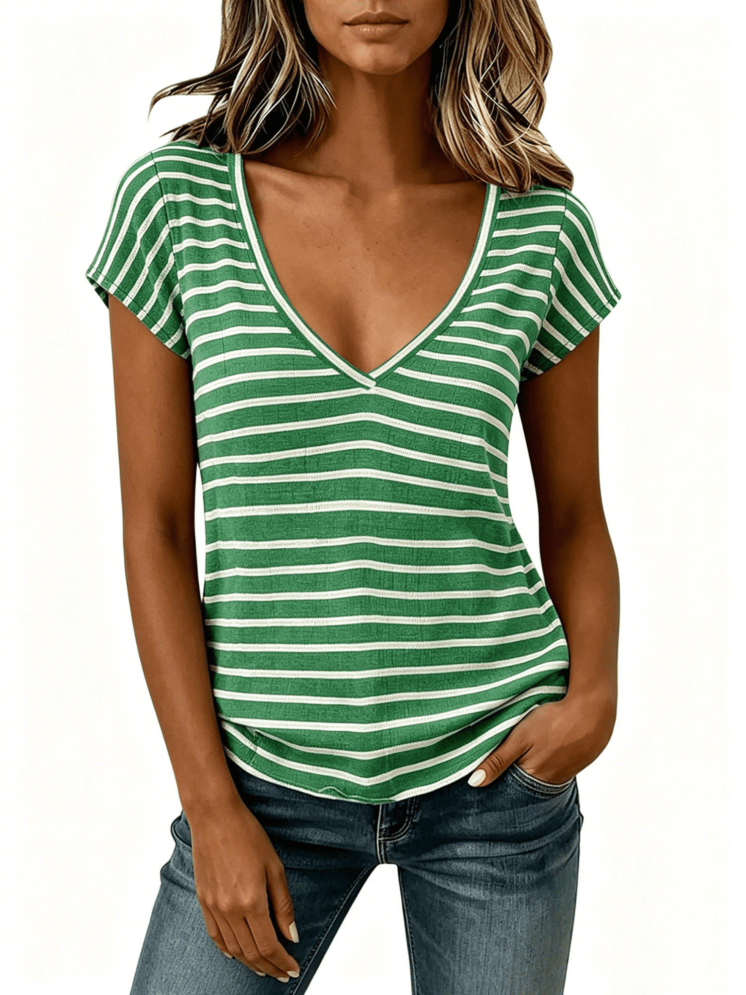 Busydd Womens T Shirts Fashion Striped Deep V Neck Tshirts Versatile ...