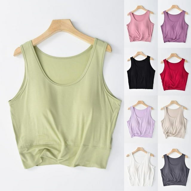 Busydd Womens Tank Tops Bulit In Bra Casual Stretch Solid Color Round