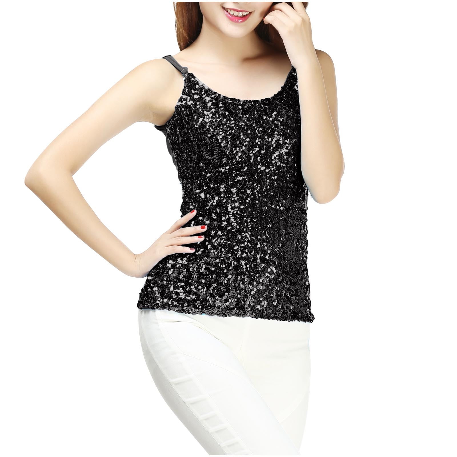 Busydd Womens Tank Tops Trendy Sequin Camisole Tops Solid Color ...