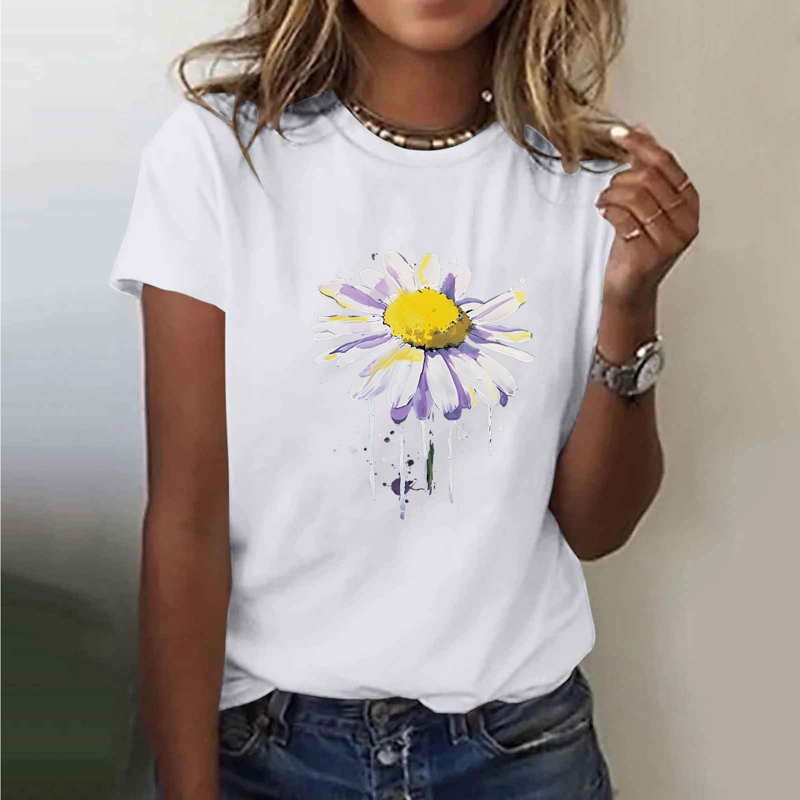 Busydd Womens Tops Cotton Short Sleeve Sunflower Print Summer Tops for ...