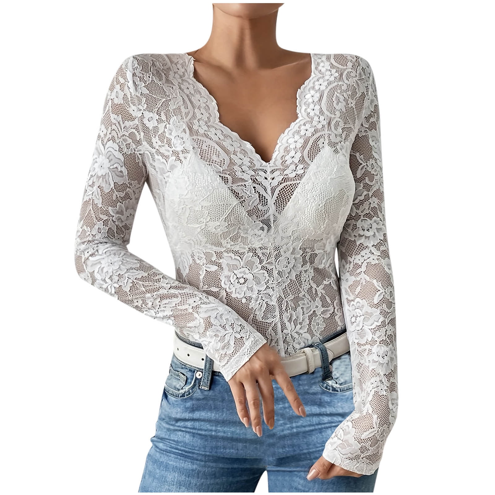 Busydd Womens Tops Deep V Neck Lace Tops Fashion Long Sleeve Blouses for Women Solid Color ...