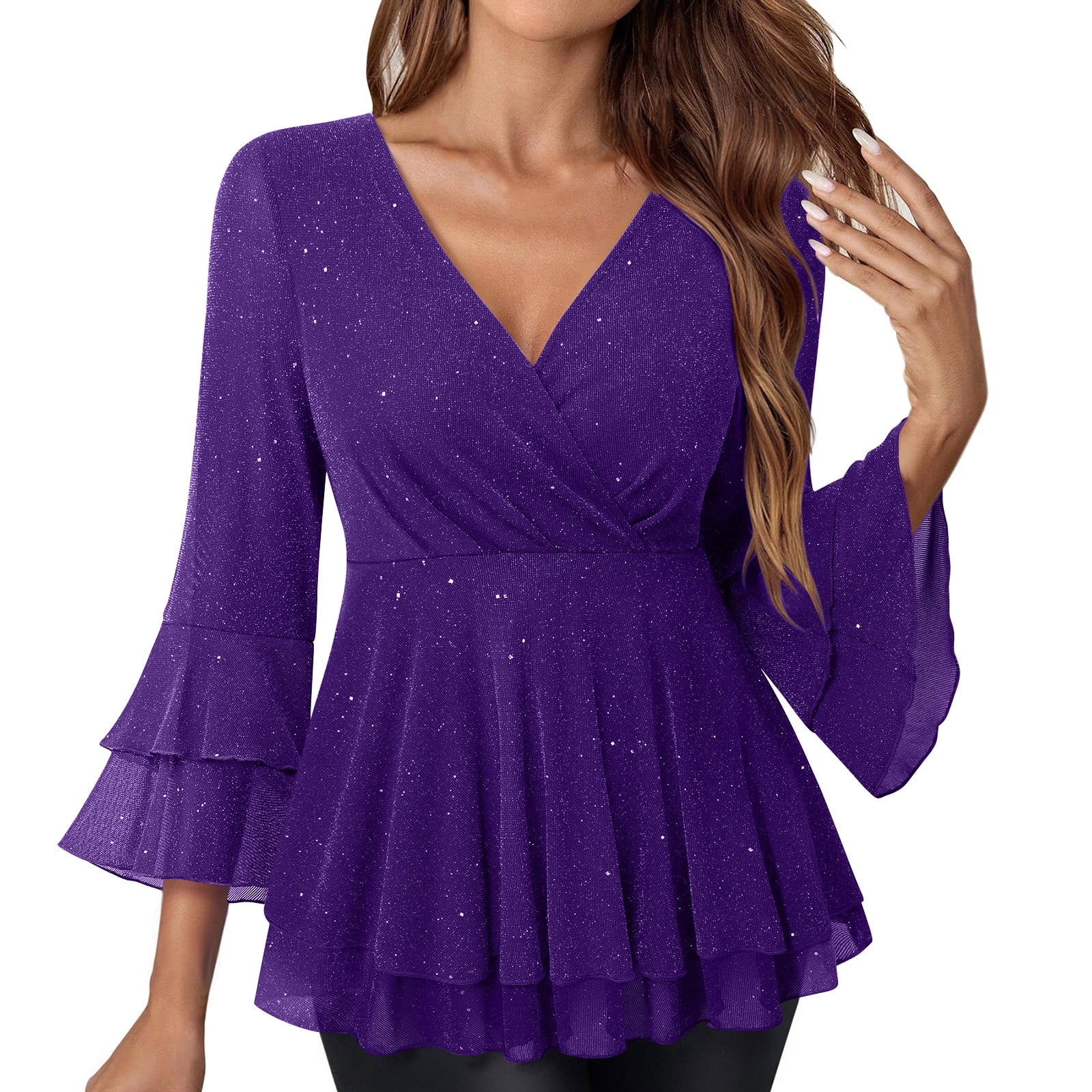 Busydd Womens Tops Dressy Casual Pleated Solid Color V Neck Going Out ...