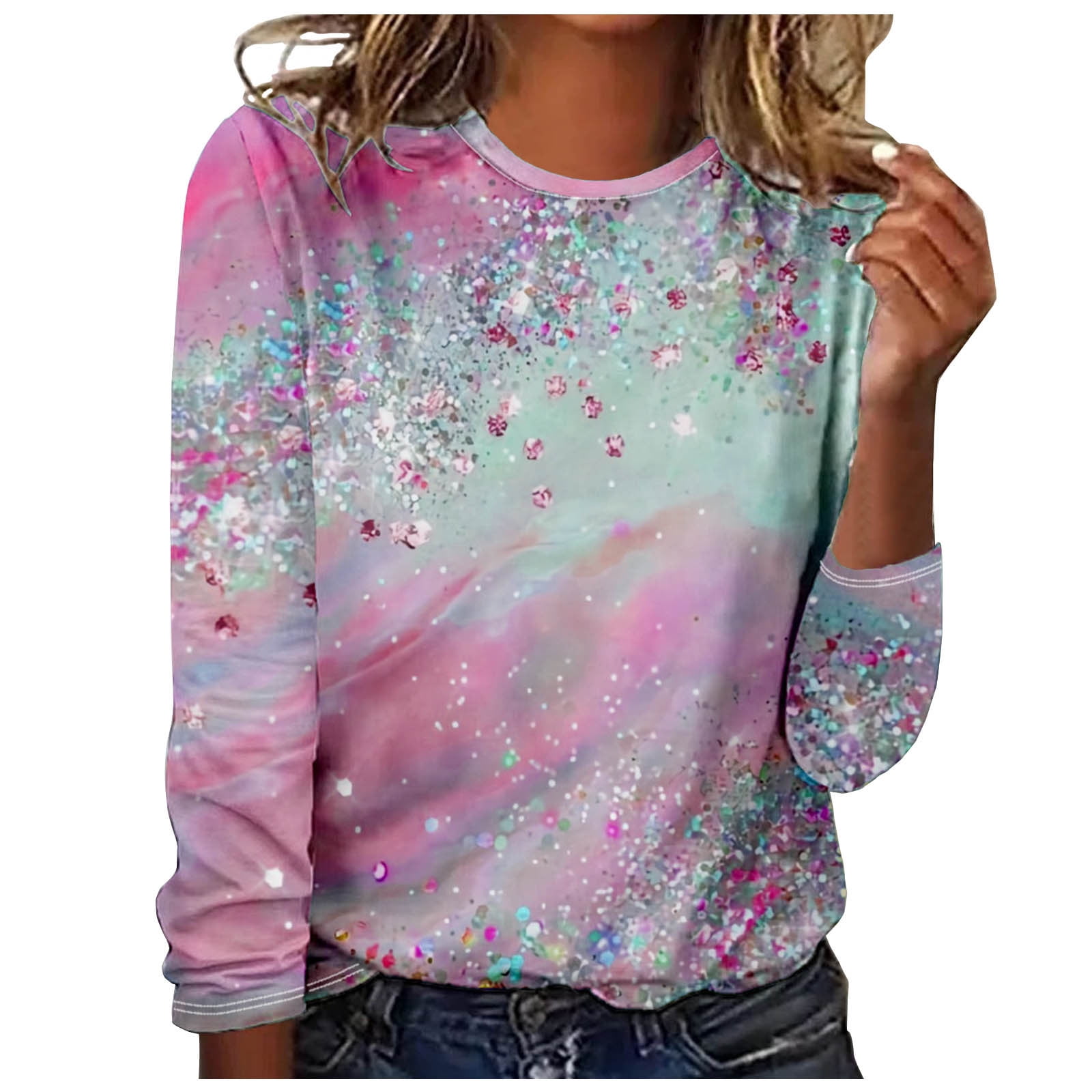 Busydd Womens Tops Fashion Colorful Tie Dye Fall Tops Round Neck Long ...