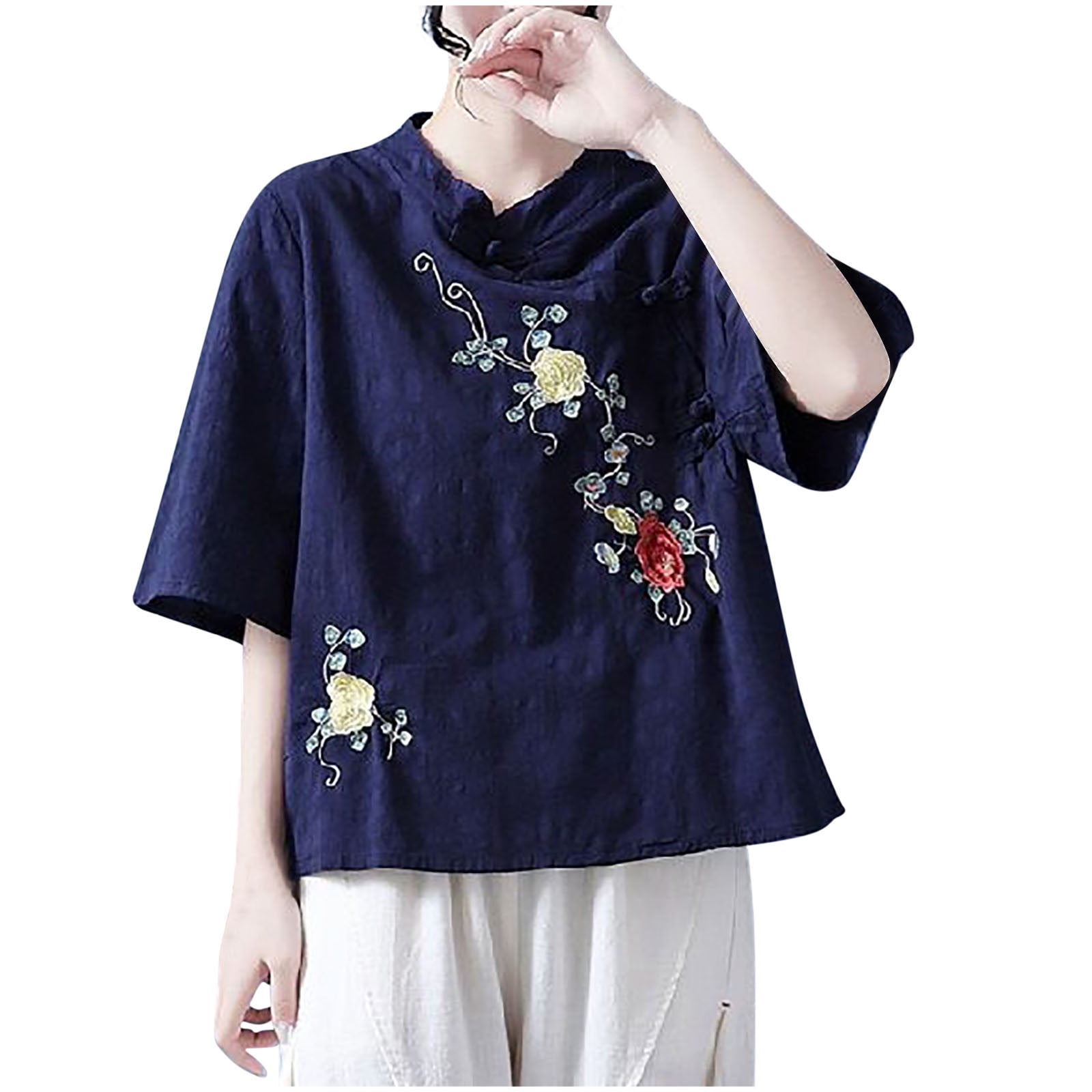Busydd Womens Tops Plus Size M-4XL Trendy Solid Color Embroidered ...