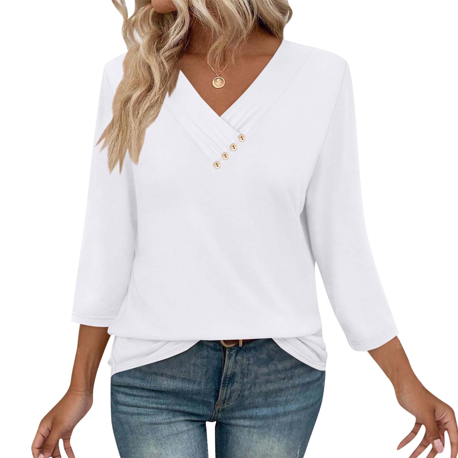 Busydd Womens Tops Trendy V Neck Button Summer Tops Casual Solid Color ...
