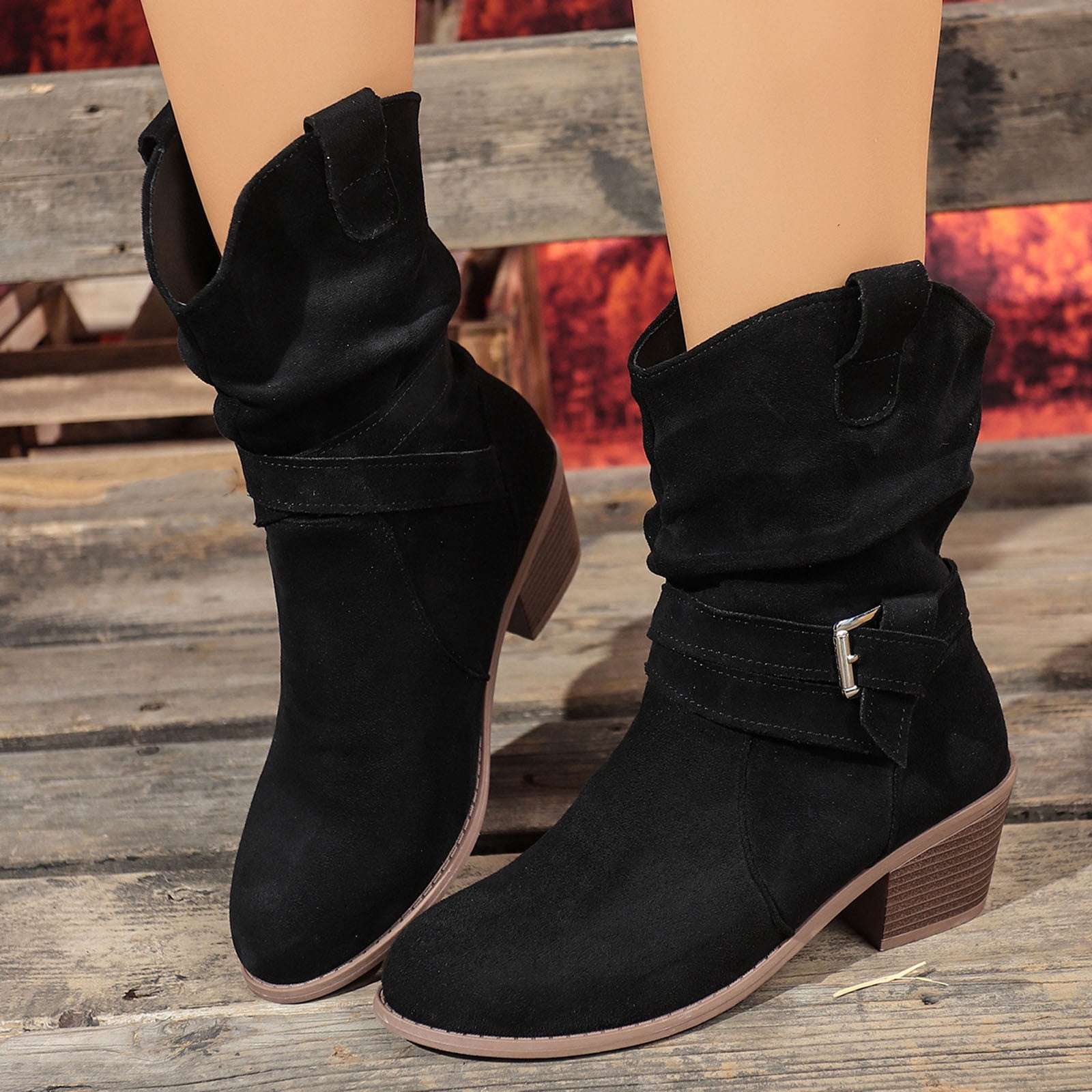 Busydd Womens Winter Boots Comfy Vintage Solid Color Mid Calf Boots for ...