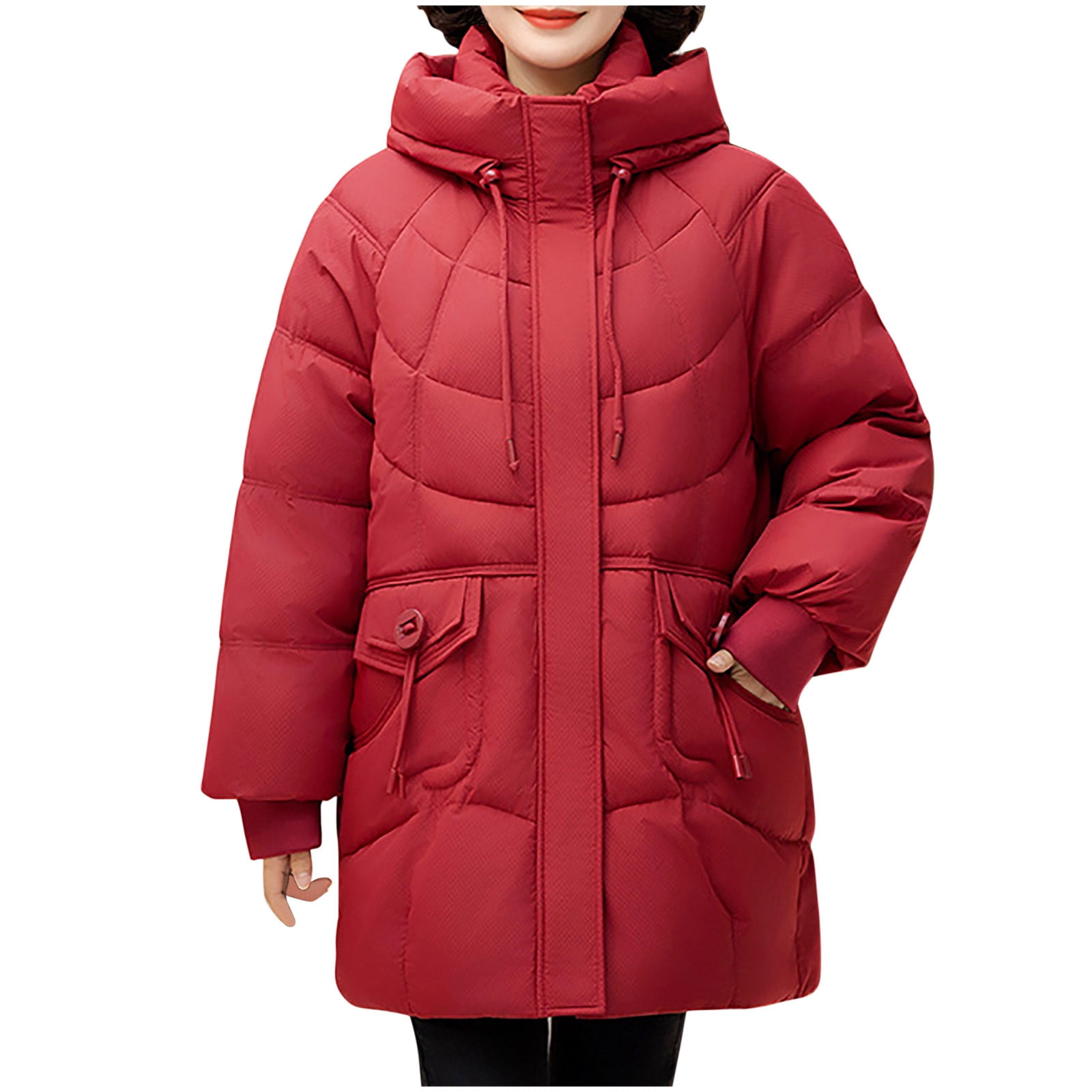 Busydd Womens Winter Coats Solid Color Long Sleeve Puffer Jacket Fashion Warm Zip Up Hooded ...