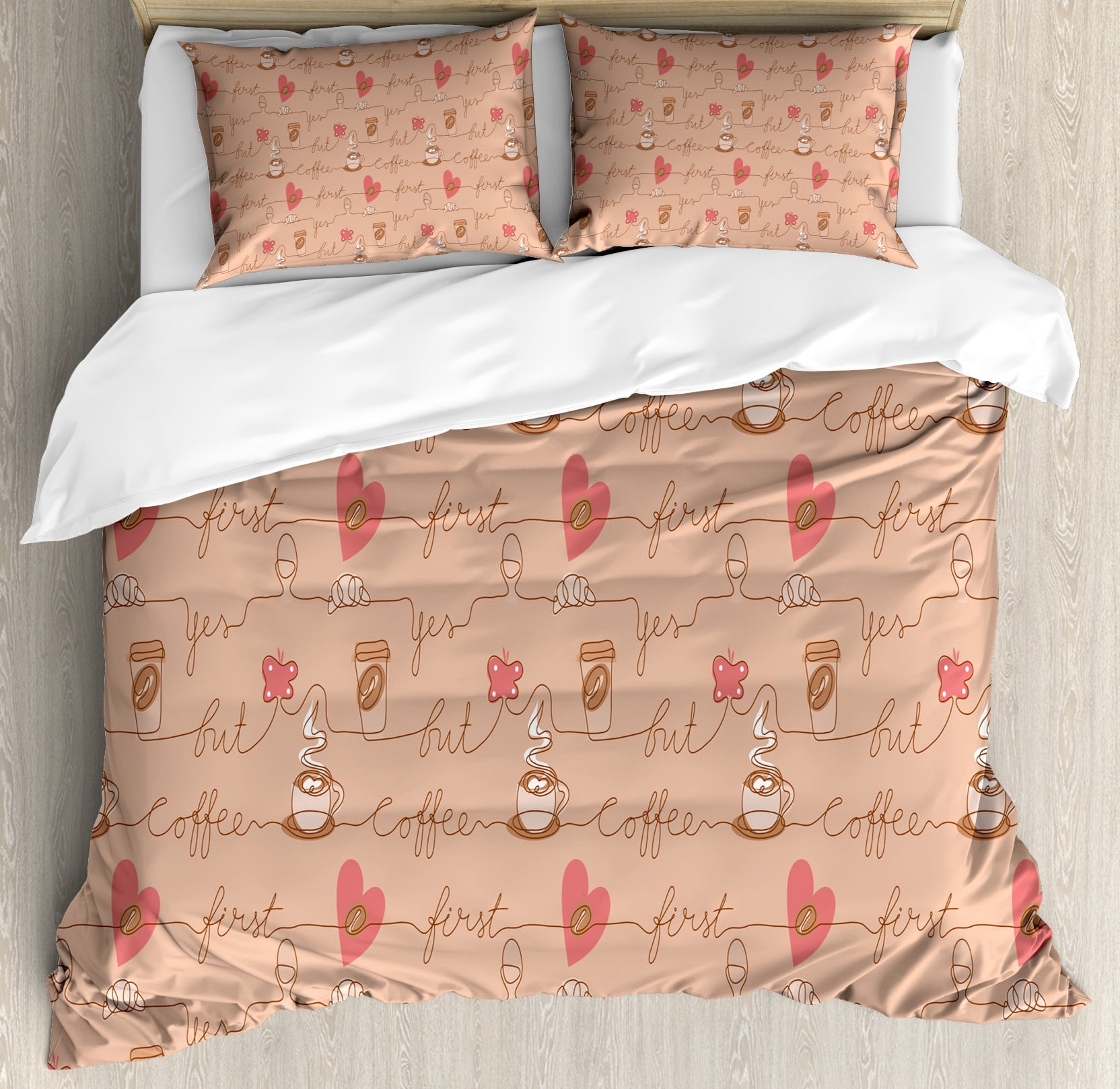 But First Coffee Duvet Cover Set, Continuing Line Drawing Croissant Cup Butterfly and Hearts ...