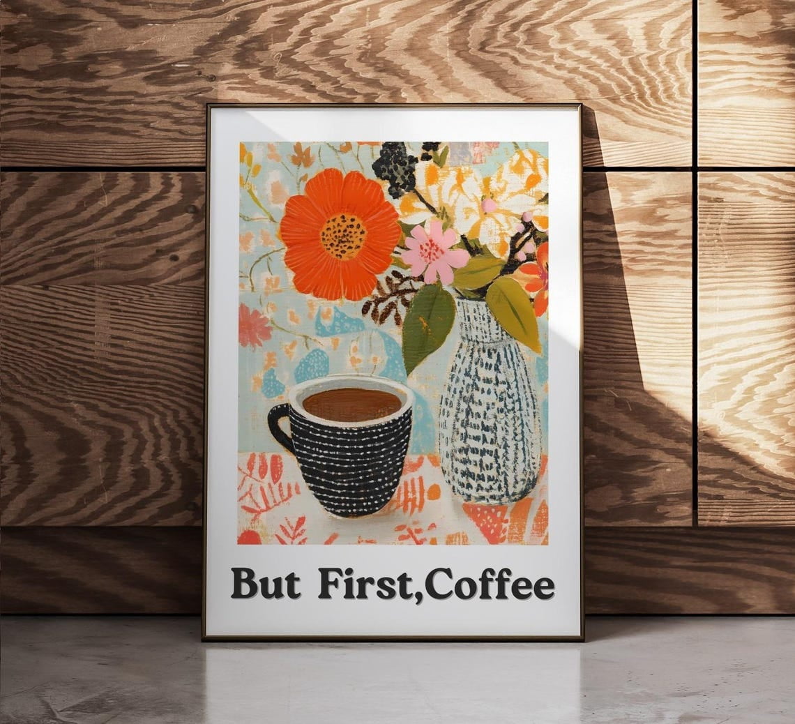 But First Coffee Wall Art Print, Retro Coffee Cart Poster, Maximalist ...
