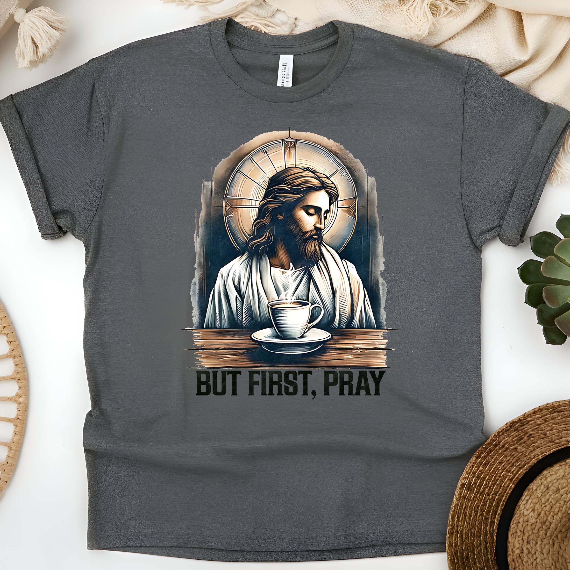 But First Pray Shirt Jesus Coffee Faith Christian Tee , Dark Heather ...