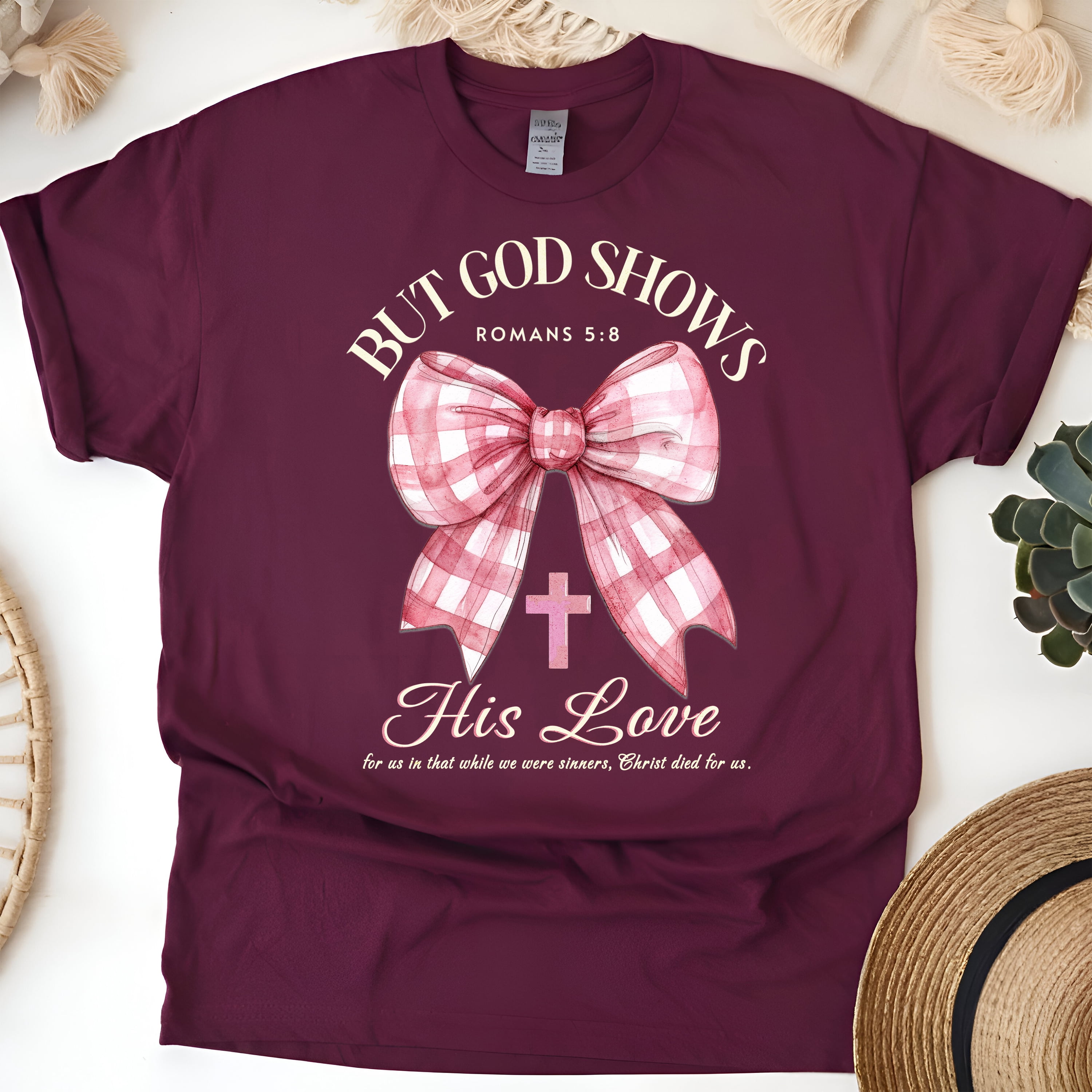 But God Shows His Love T-Shirt, Romans 5:8 Bible Verse Tee with Pink ...