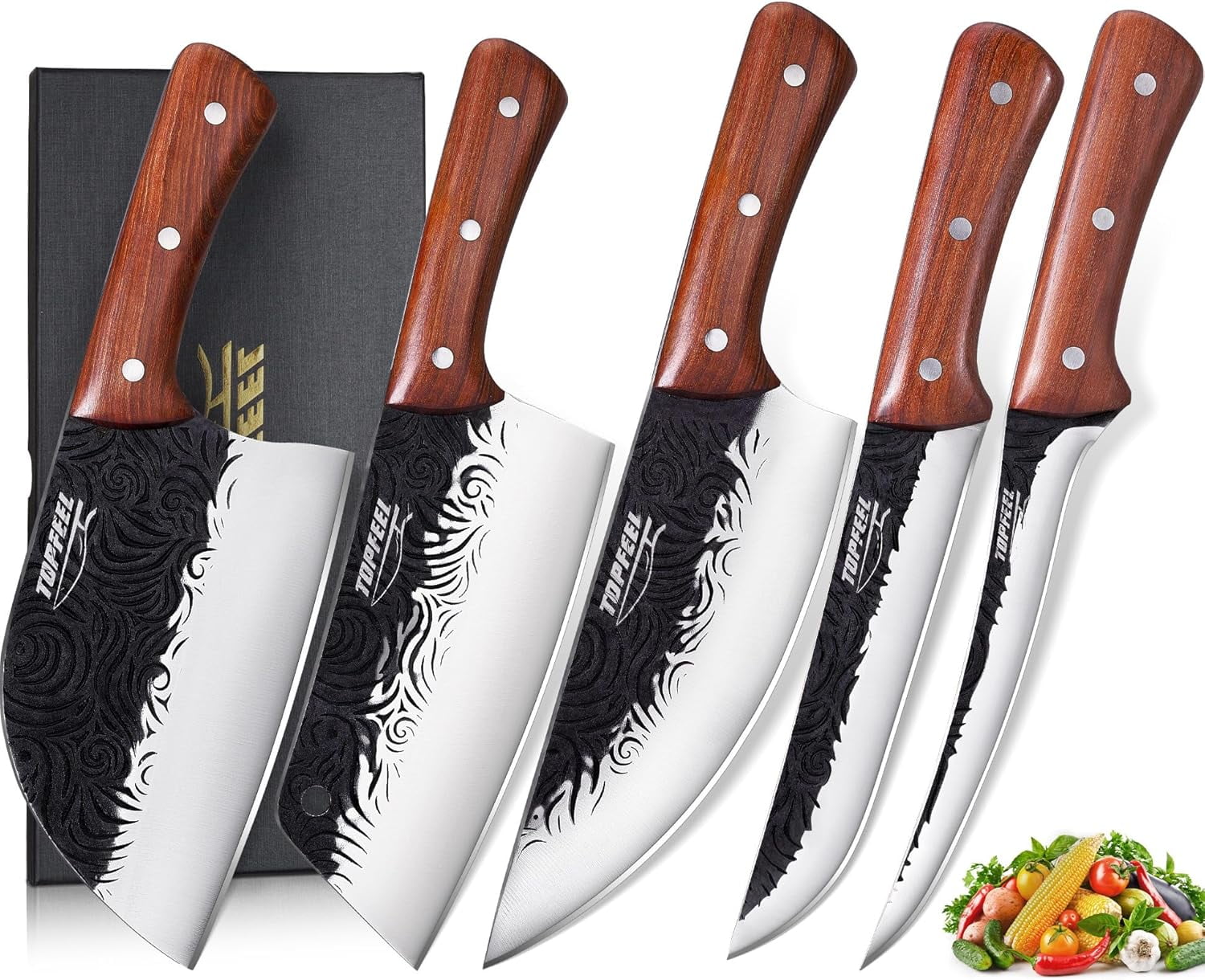Butcher Knife Set 5PCS, Hand Forged Kitchen Knives Set Serbian Chef ...