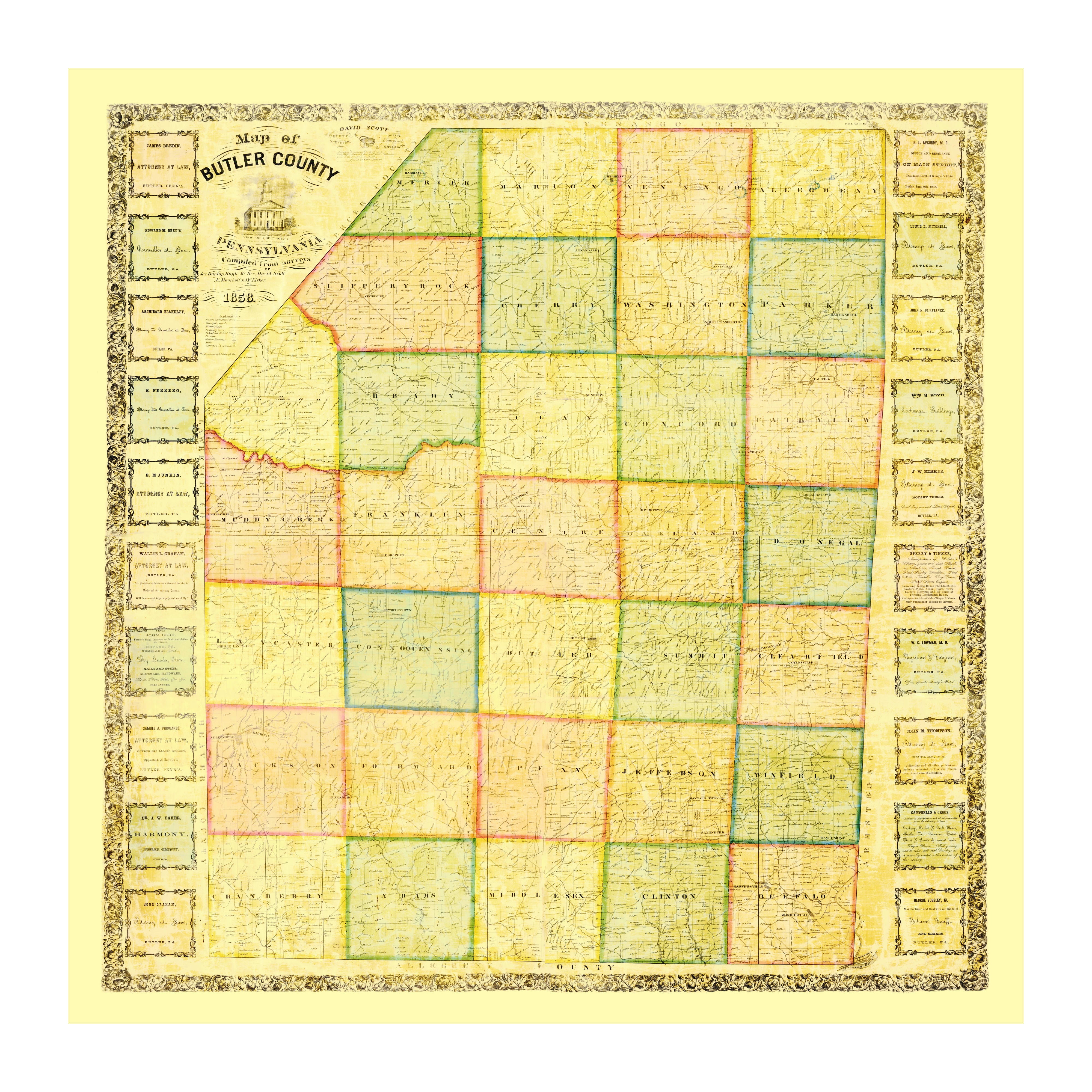 Butler County Pennsylvania Art, 1858 Vintage Map of Butler County PA ...